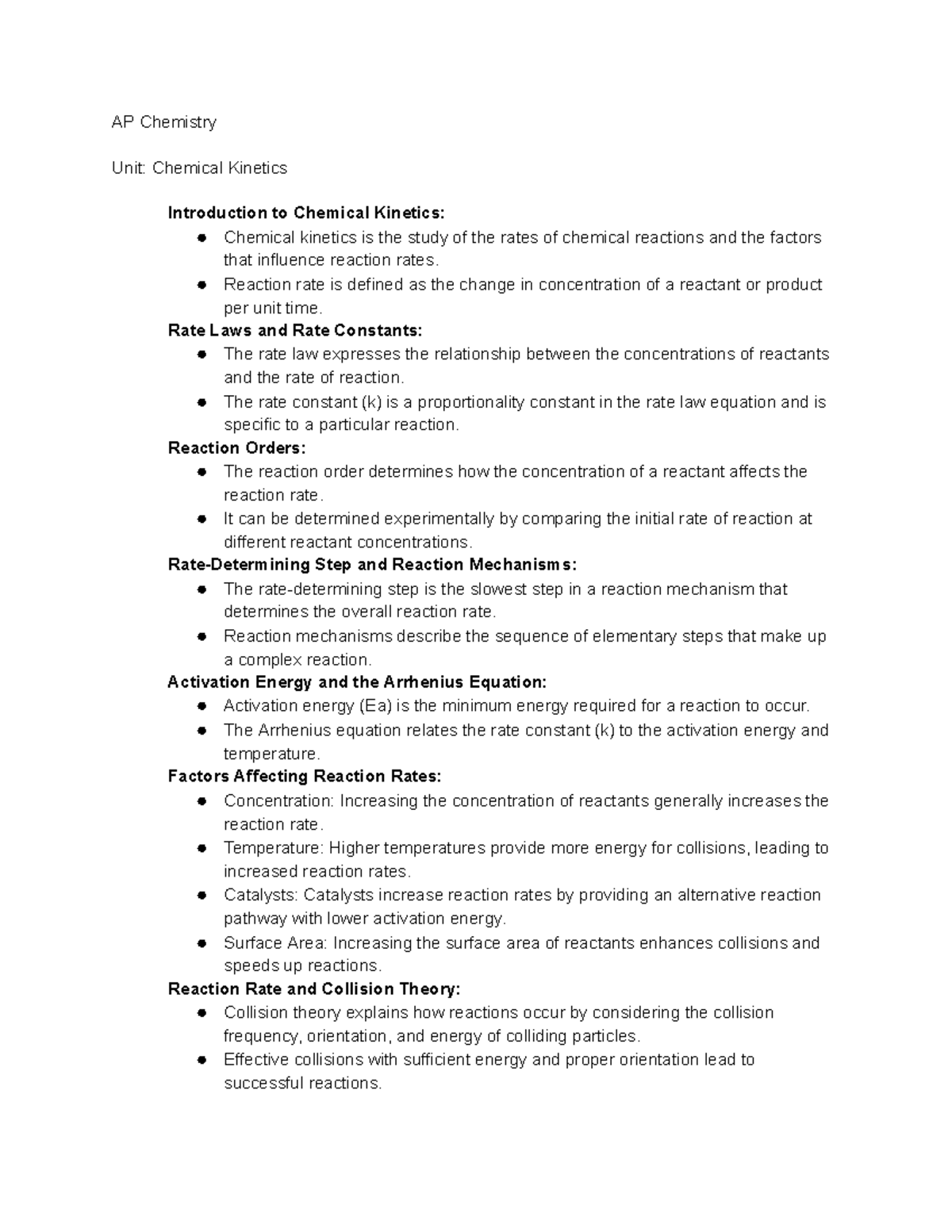 AP Chemistry - Chemical Kinetics - AP Chemistry Unit: Chemical Kinetics ...