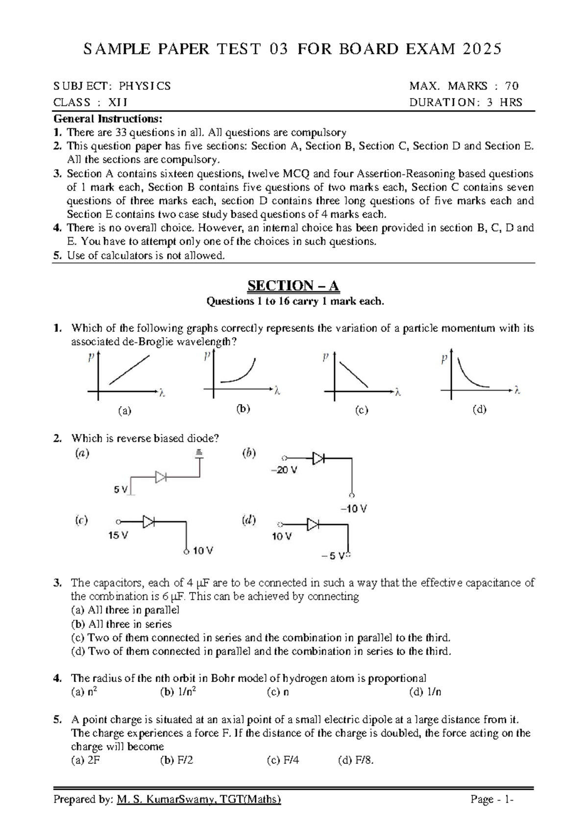 Physics Class XII Sample Paper Test 03 for Board Exam 2025 - Studocu