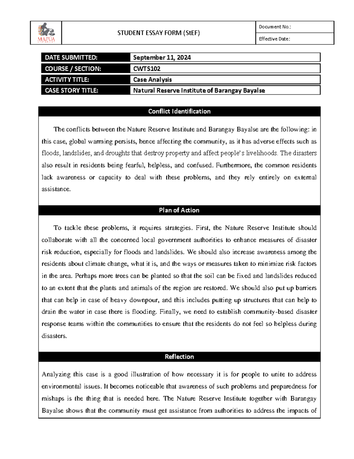 CWTS Essay #7: Case Analysis on Natural Reserve & Barangay Bayalse ...
