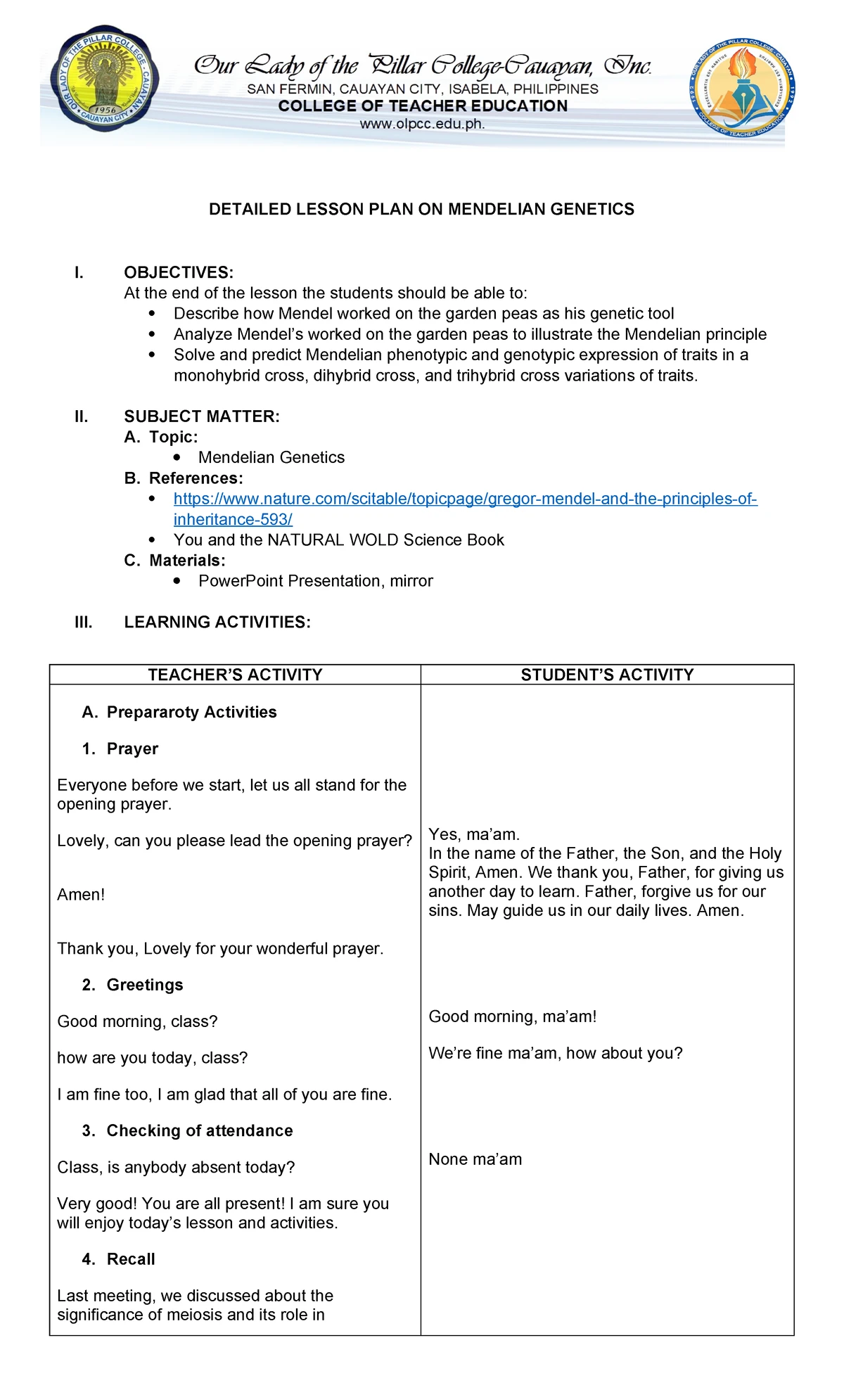 Detailed Lesson Plan on Mendelian Genetics (BSED) - Studocu