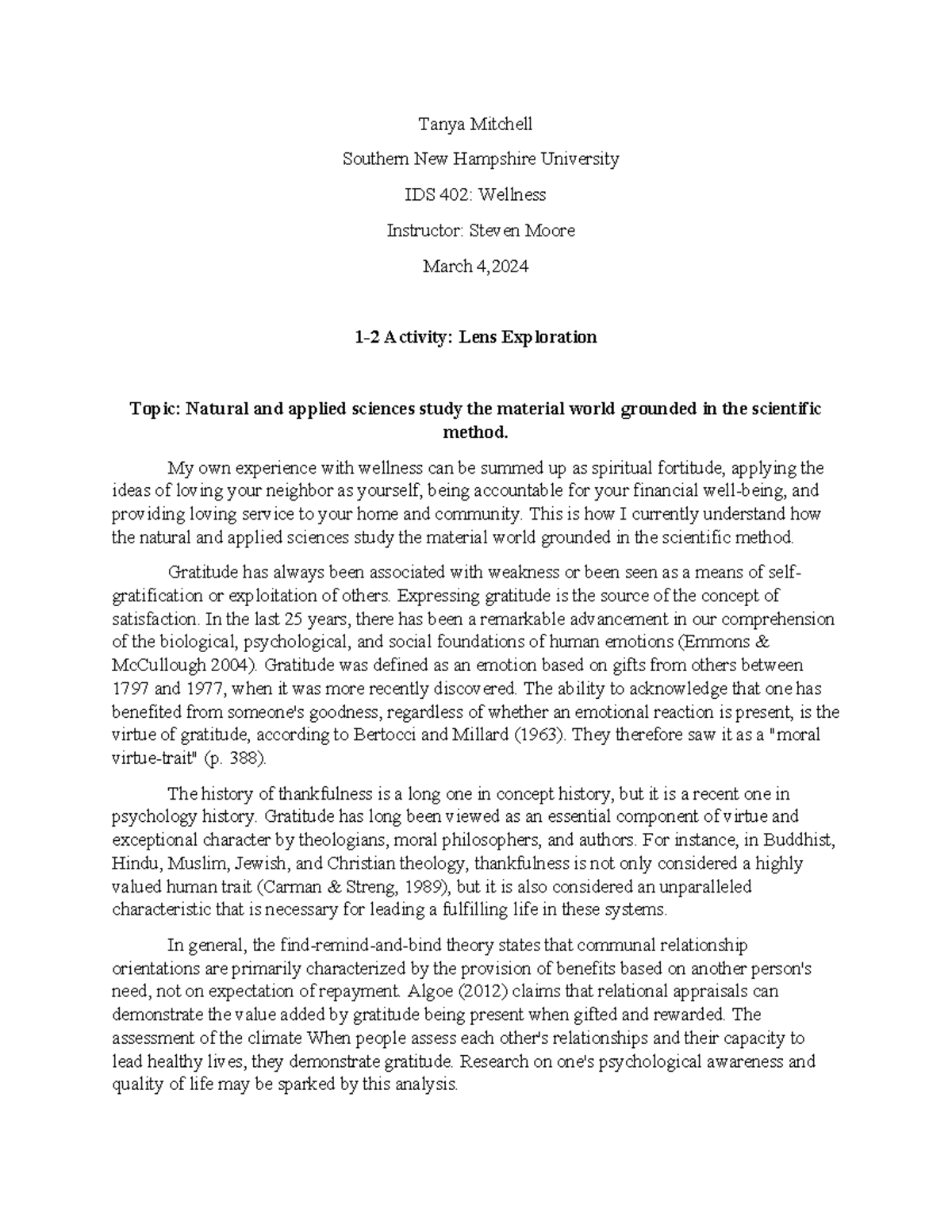 IDS 402: Lens Exploration Activity on Wellness and Gratitude - Studocu