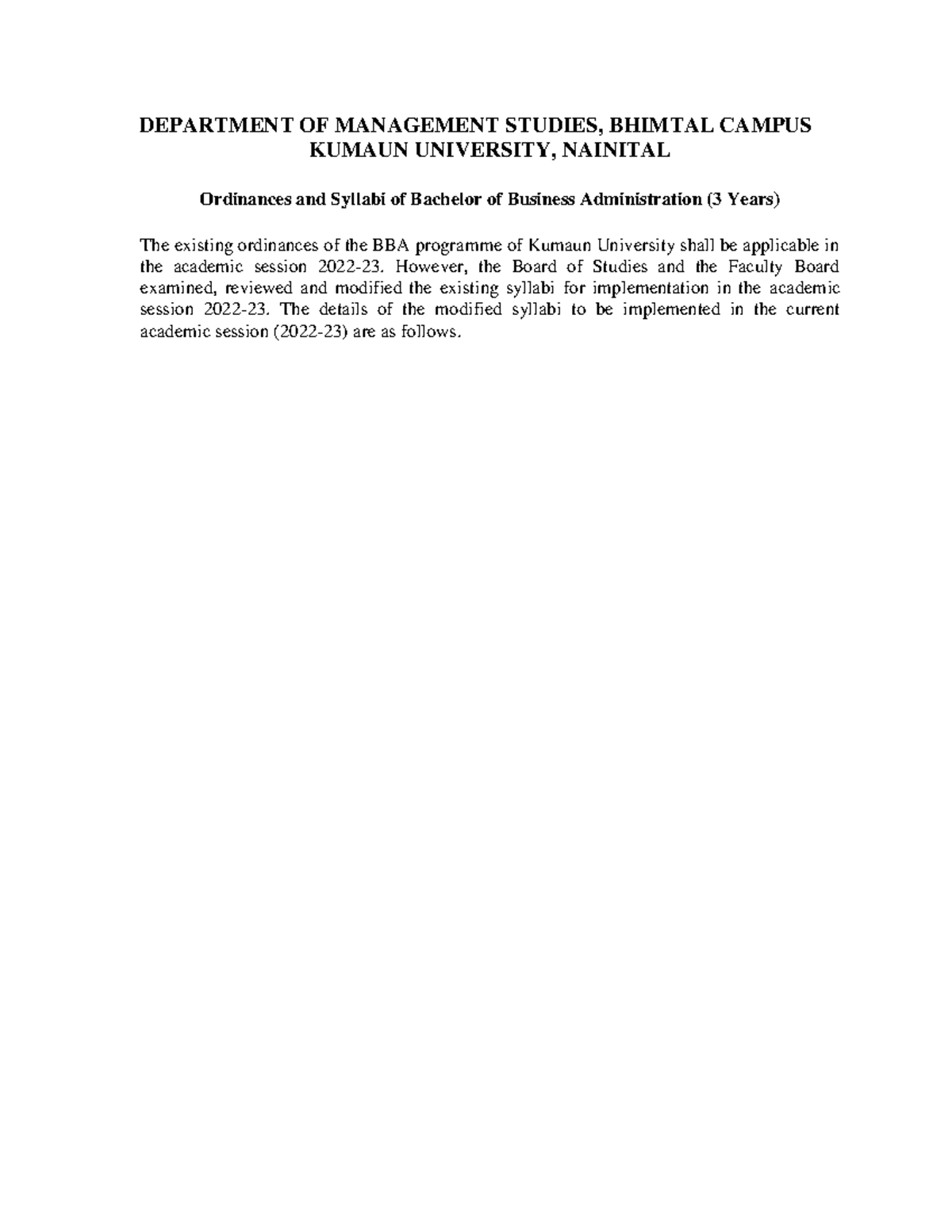 Revised BBA Syllabus for Academic Session 2022-23 at Kumaun University ...