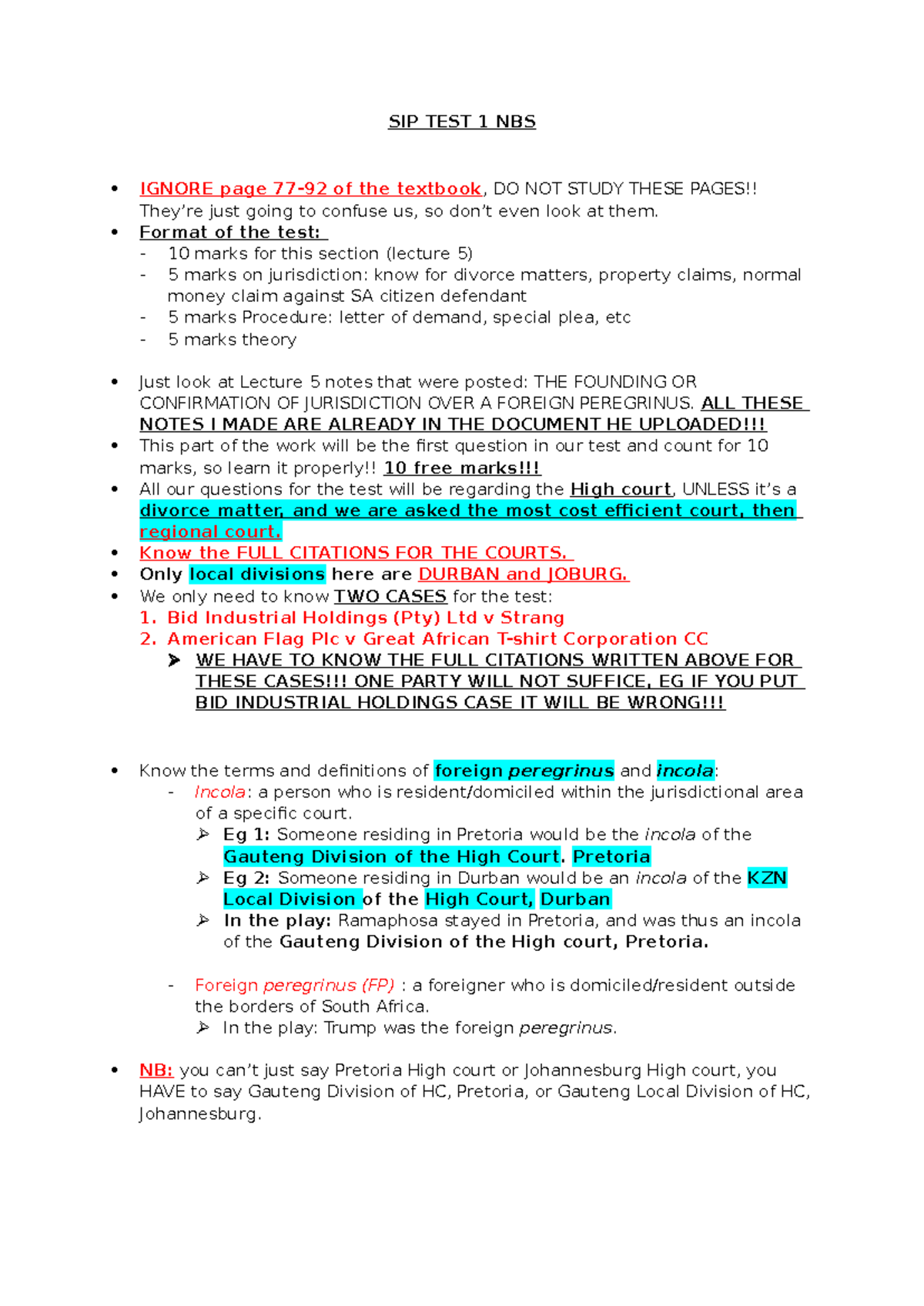 SIP TEST 1 NBS - Jurisdiction and Procedure Notes for High Court - Studocu