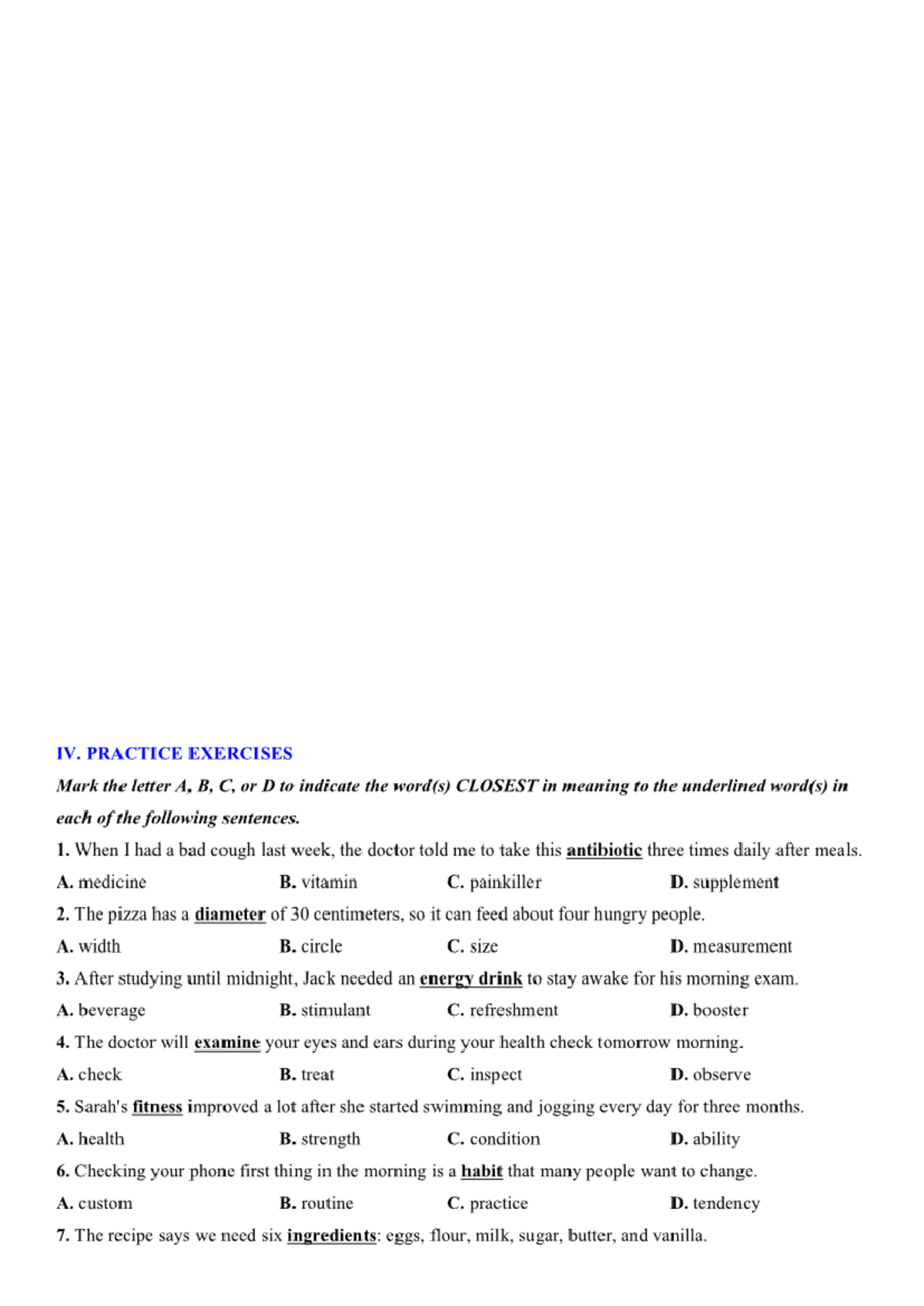 IV. PRACTICE EXERCISES: Vocabulary Meaning & Opposites - Studocu