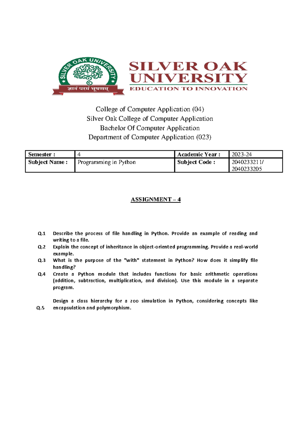 BCA 4th Sem Assignment 4: Python Programming Tasks - Studocu