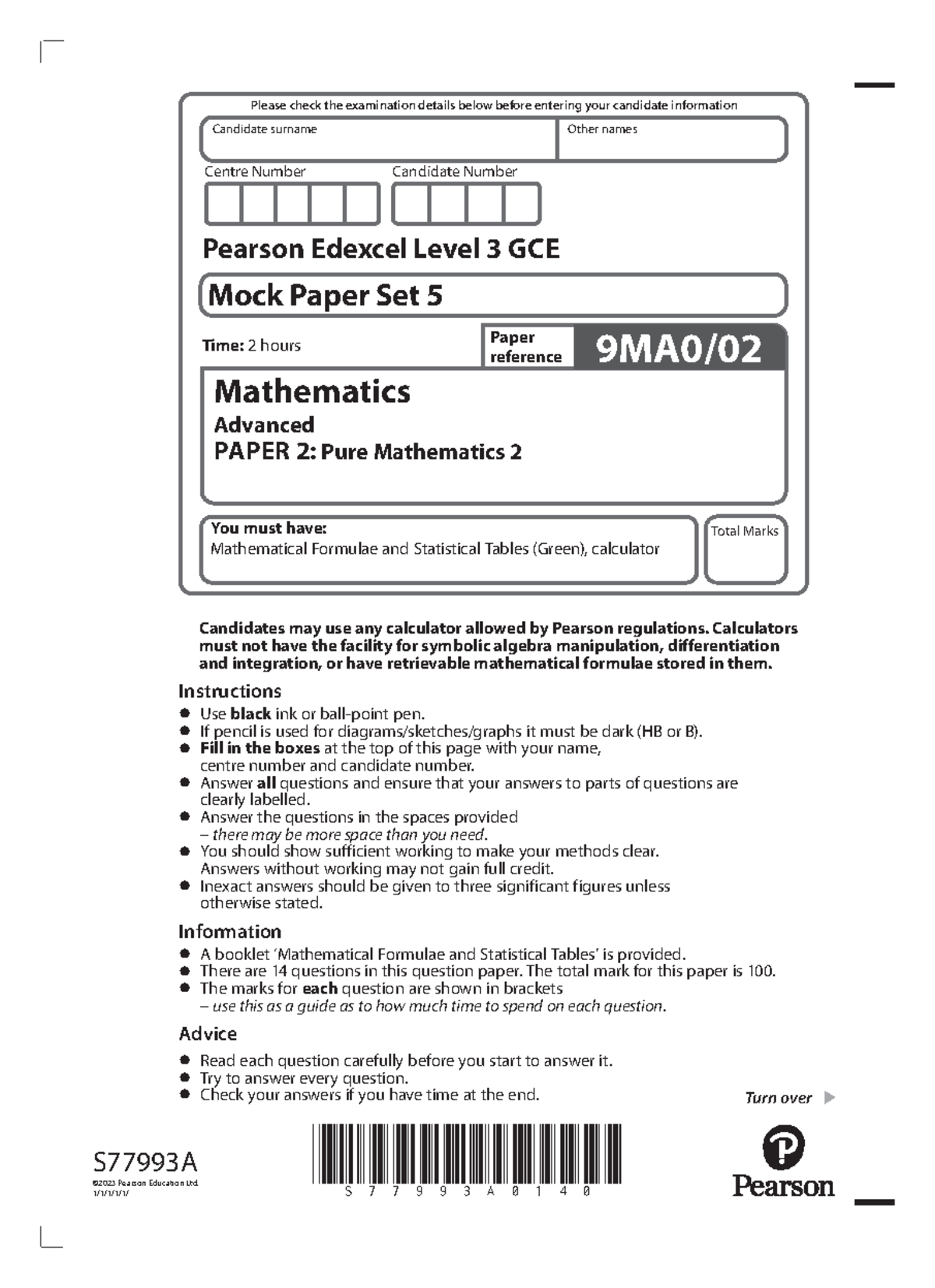 **9MA0-02 Pure Mathematics 2 - Mock Paper Set 5** - Studocu