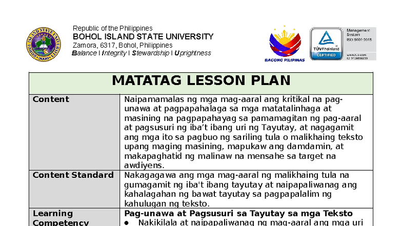 Bohol State University Lesson Plan on Tayutay (MGA) - Studocu