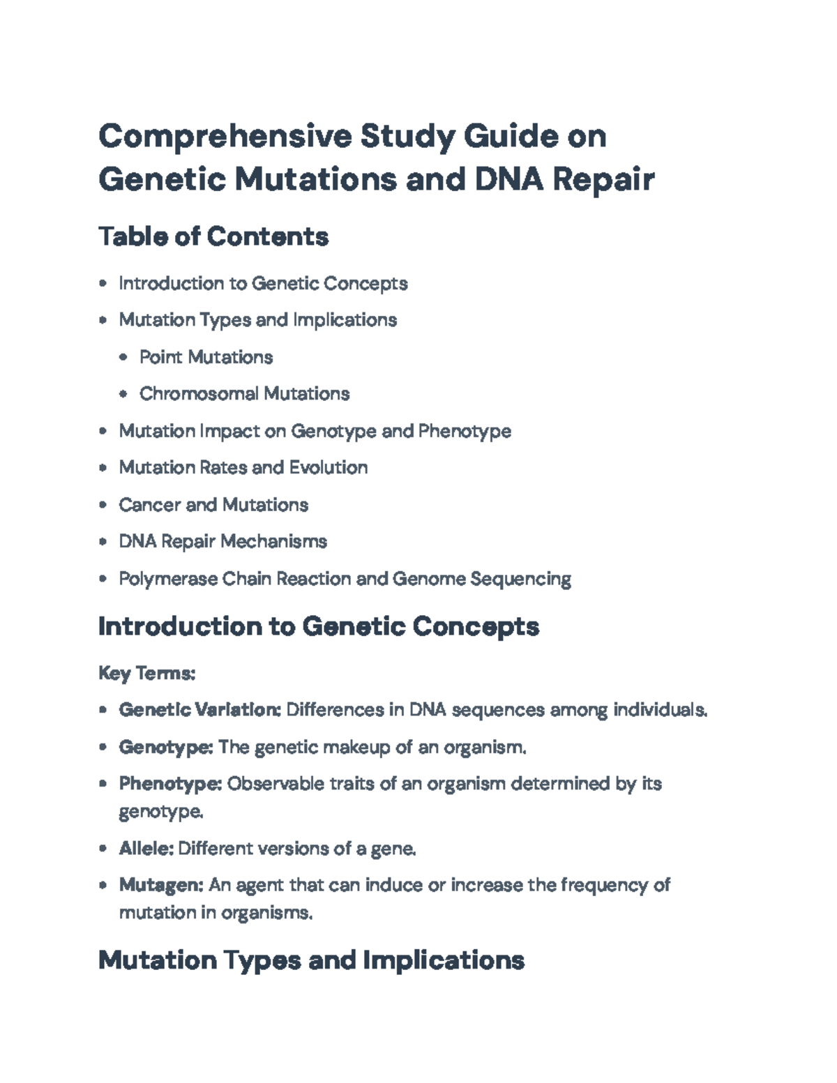 Genetic Mutations and DNA Repair Study Guide (BIO 101) - Comprehensive ...