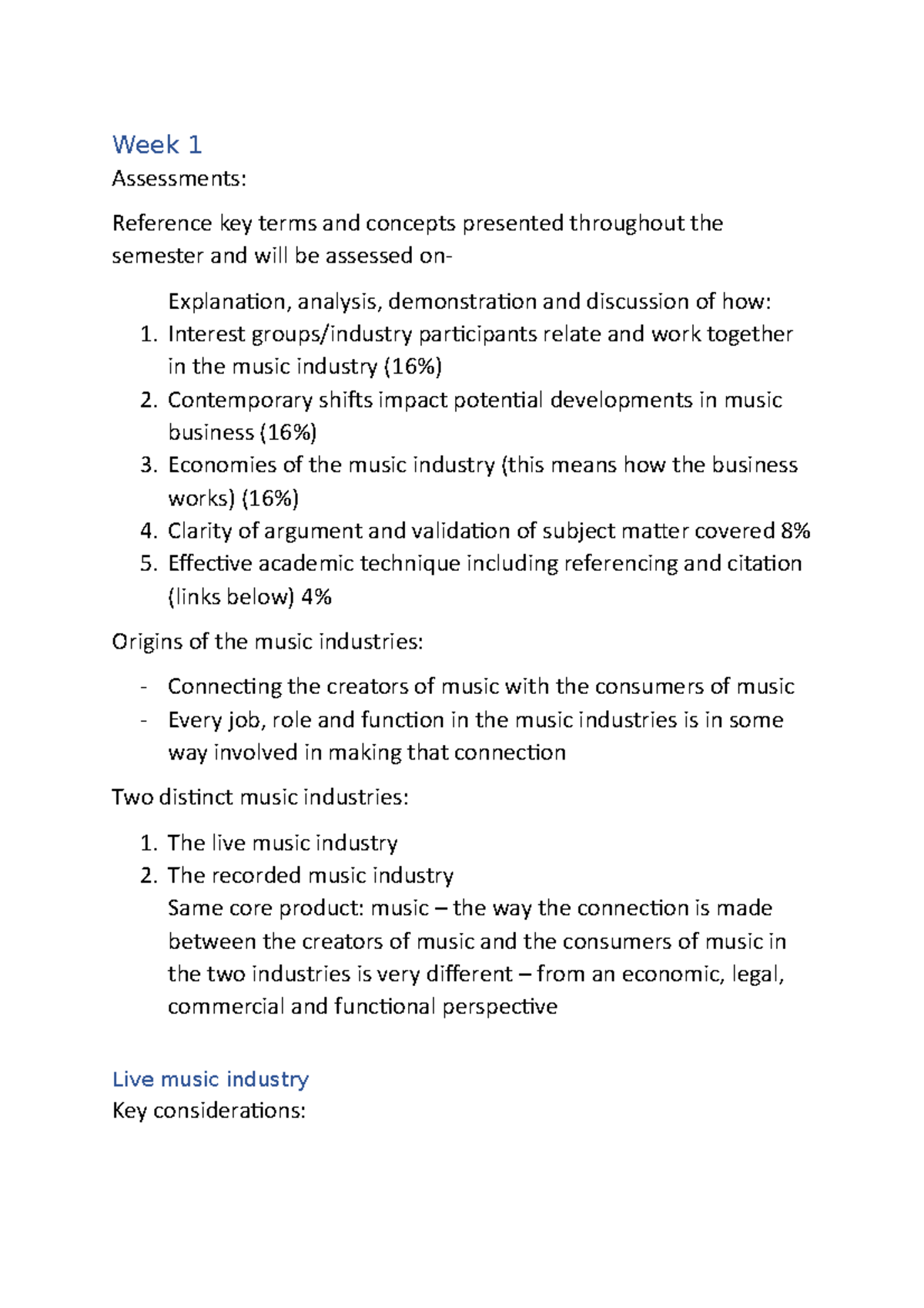 Business of music notes - Week 1 Assessments: Reference key terms and ...