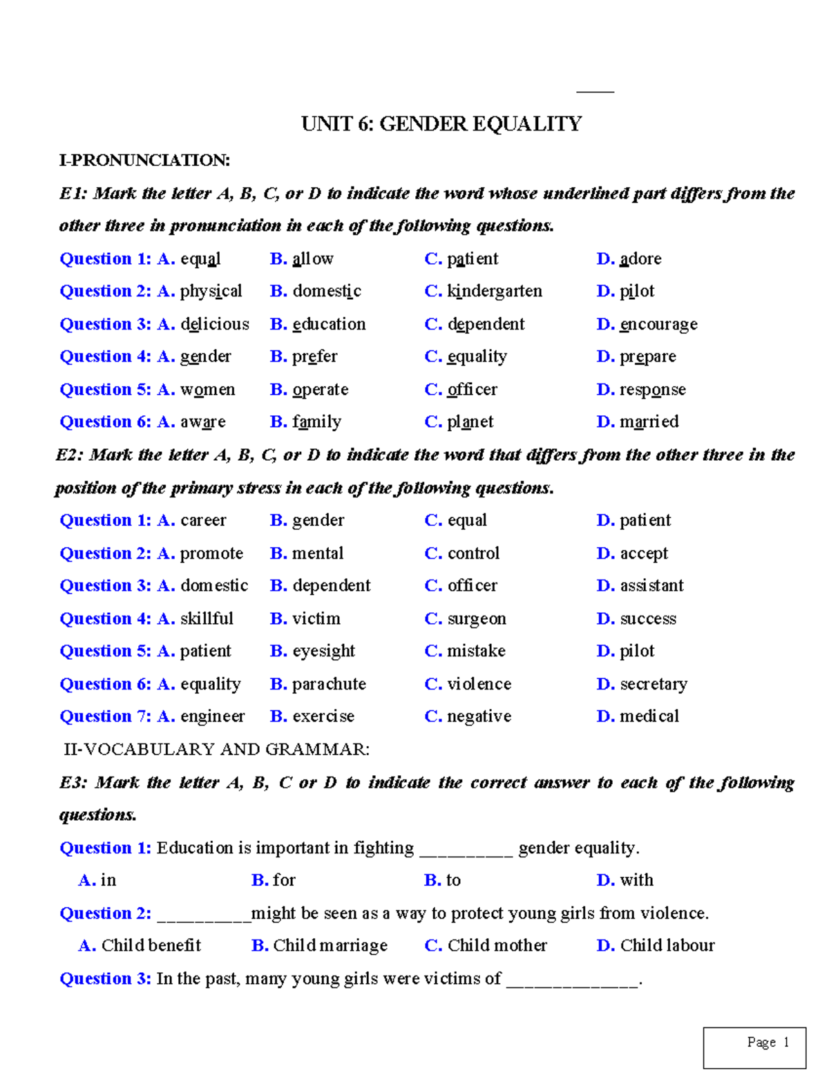 UNIT 6: GENDER EQUALITY - Listening Exercises & Answers for 10th Grade ...