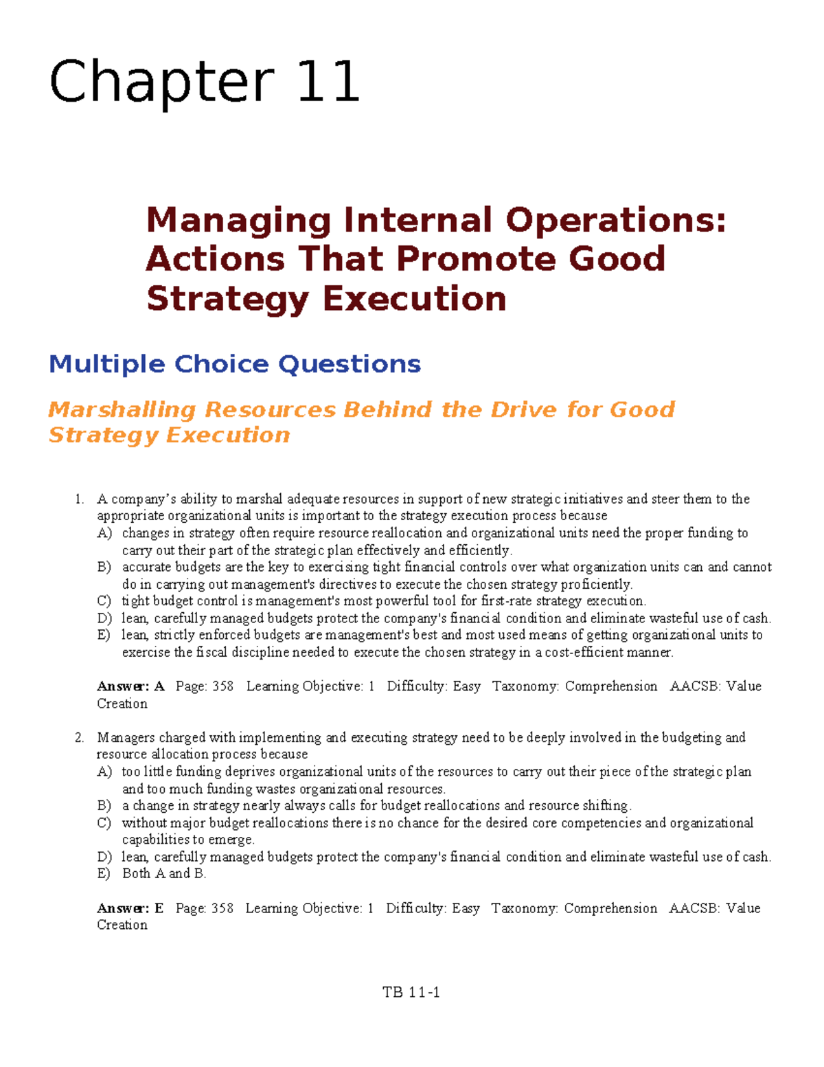 Chap 11: Test Bank for Managing Internal Operations & Strategy ...