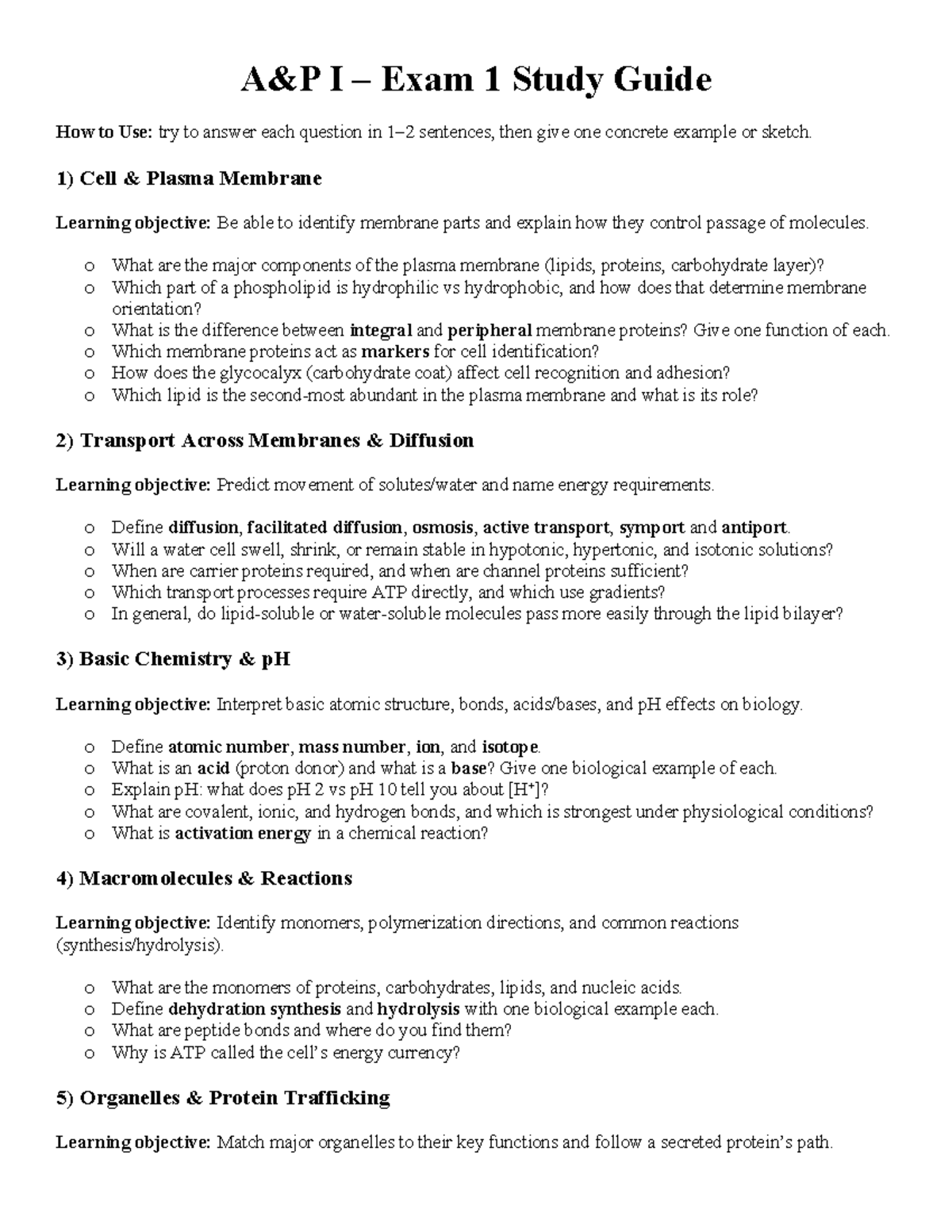 A&P I - Exam 1 Study Guide: Key Concepts & Learning Objectives - Studocu