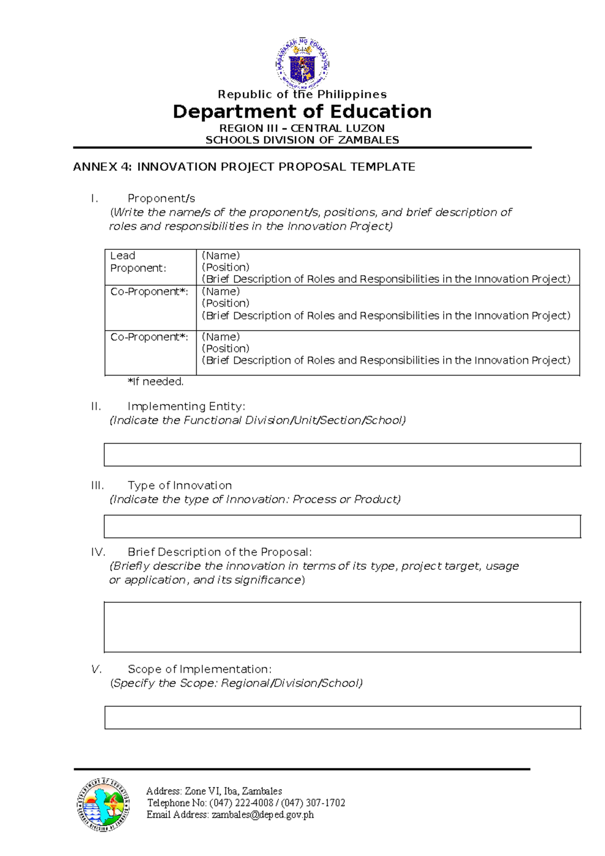 Innovation Project Proposal Template for Education Region III - Studocu