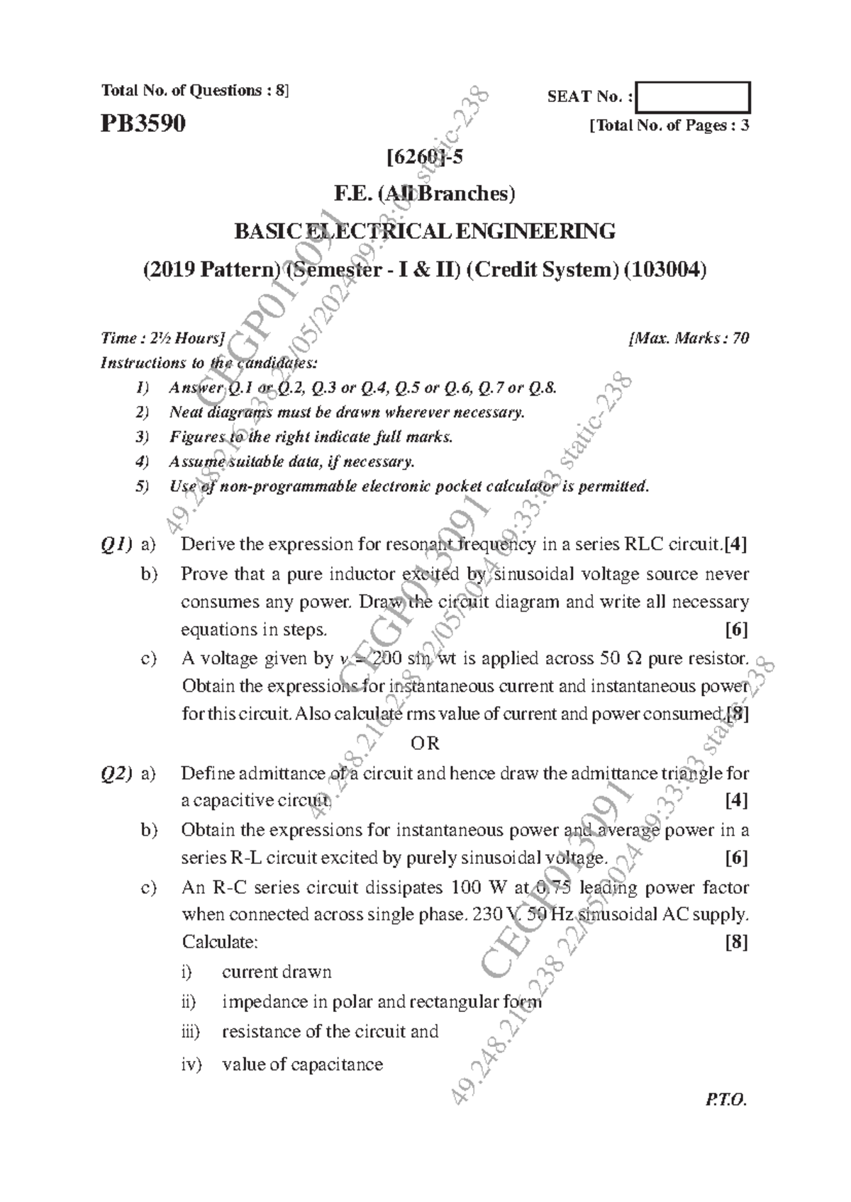 Basic Electrical Engineering Exam Questions [103004] for Sem-I & II ...