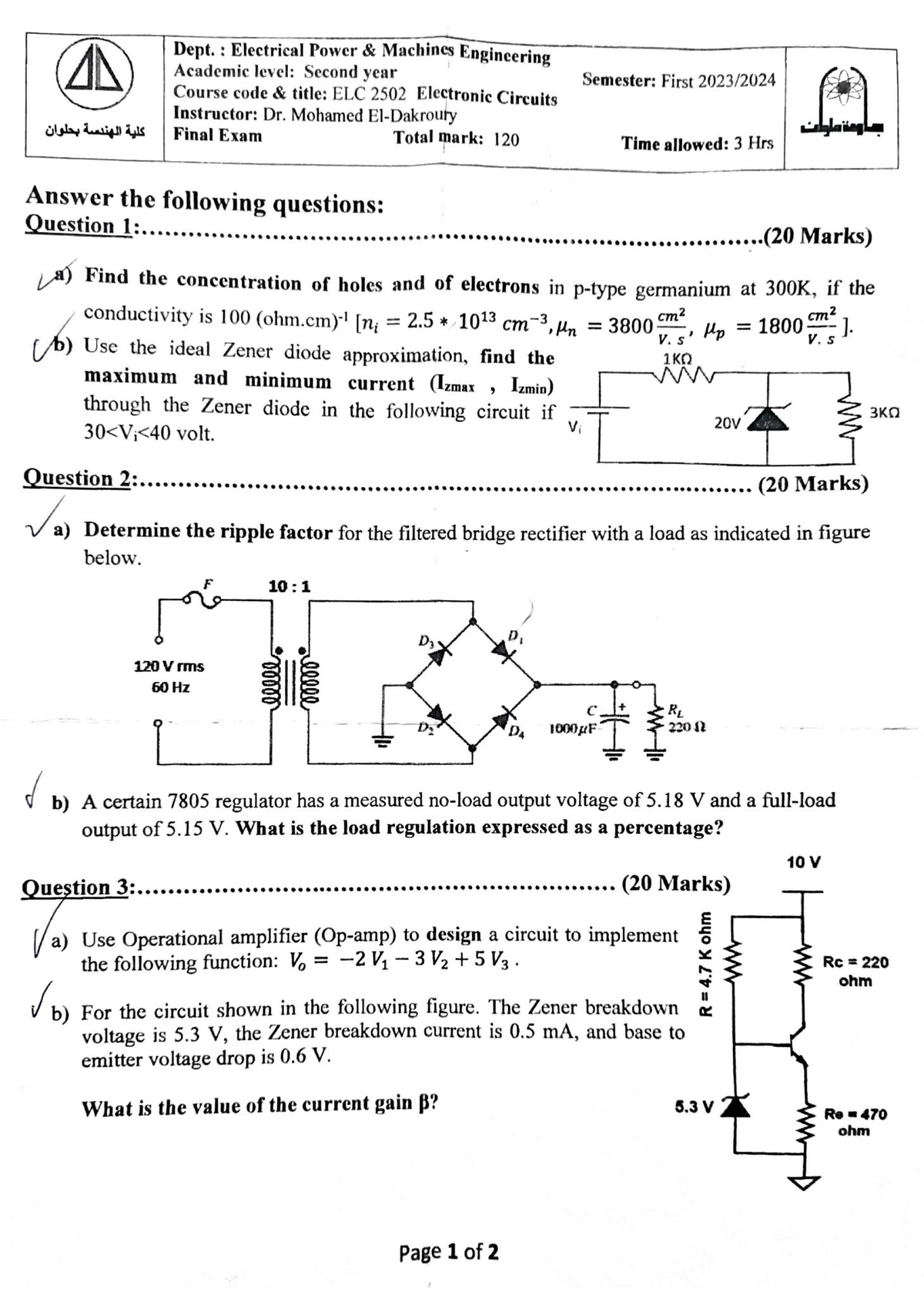 ELC 2502 Final Exam Review: Electronic Circuits Concepts and Problems ...