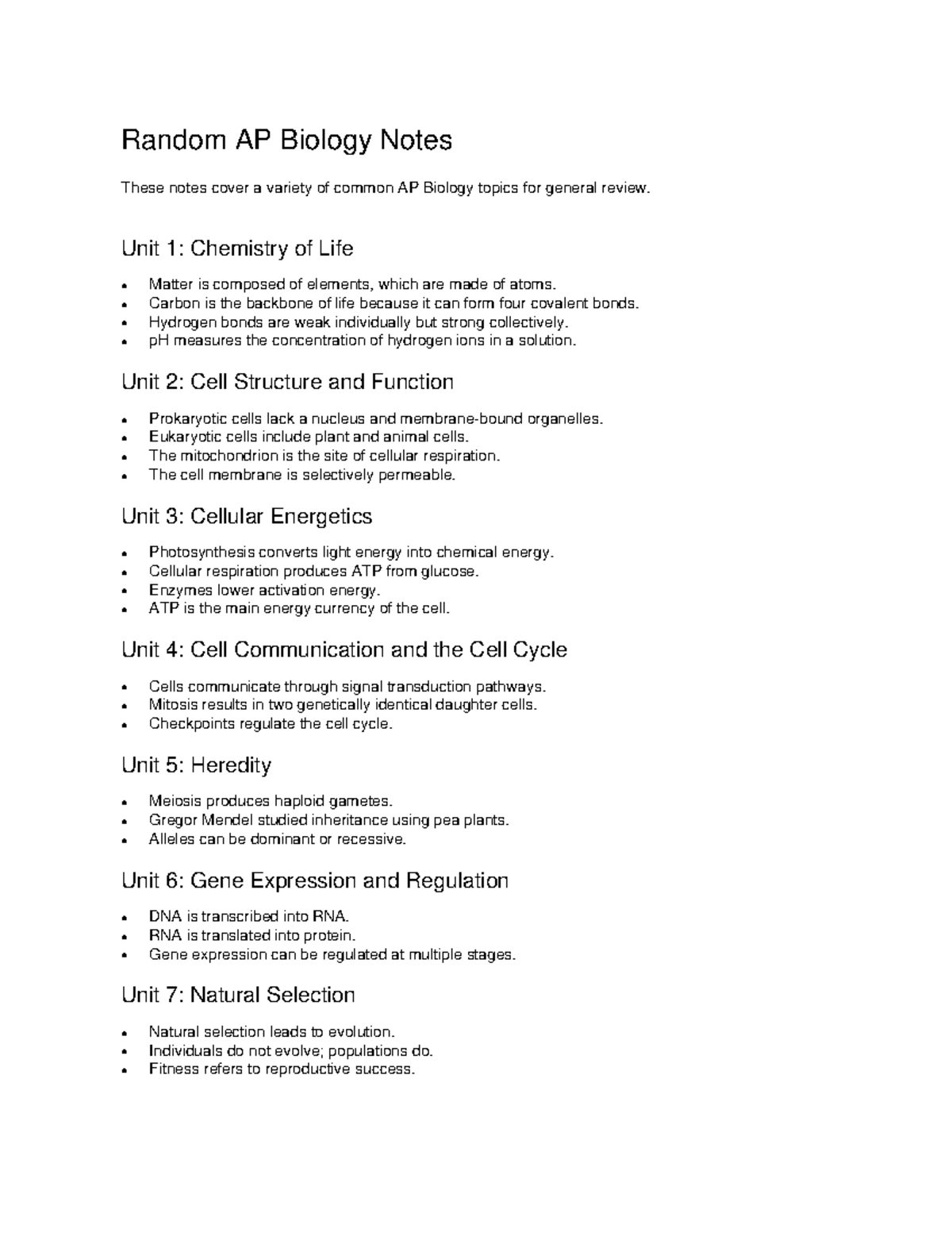 AP Biology Review Notes: Key Concepts and Topics - Studocu