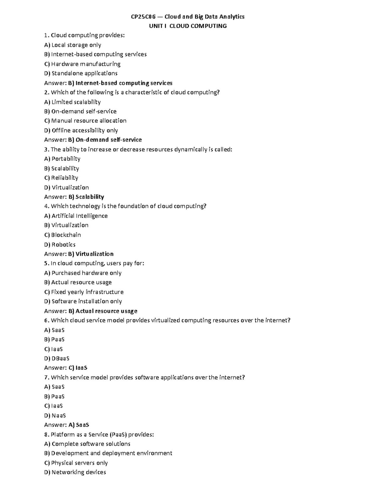 CP25C06 Cloud and Big Data Analytics MCQ Study Guide - Studocu