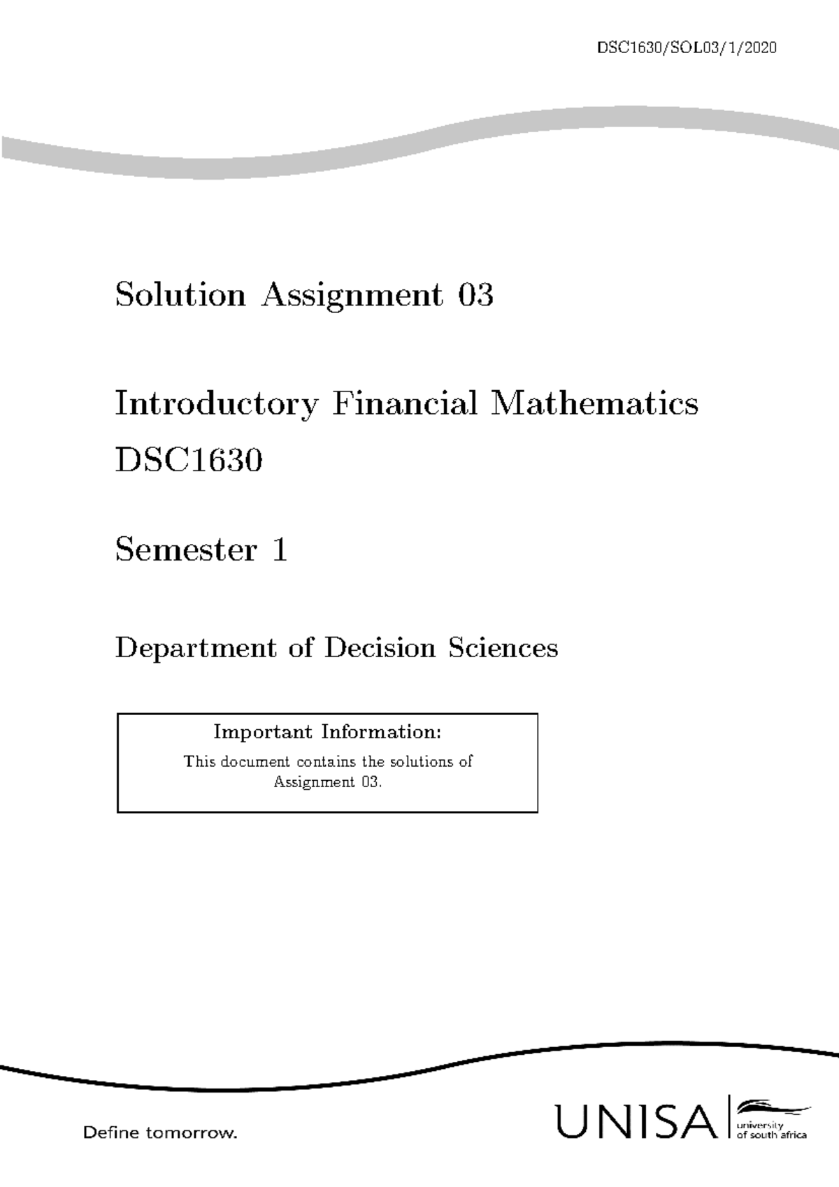 DSC1630 2020 TL SOL3 1 E - Solution for Assignment 3 - Solution ...