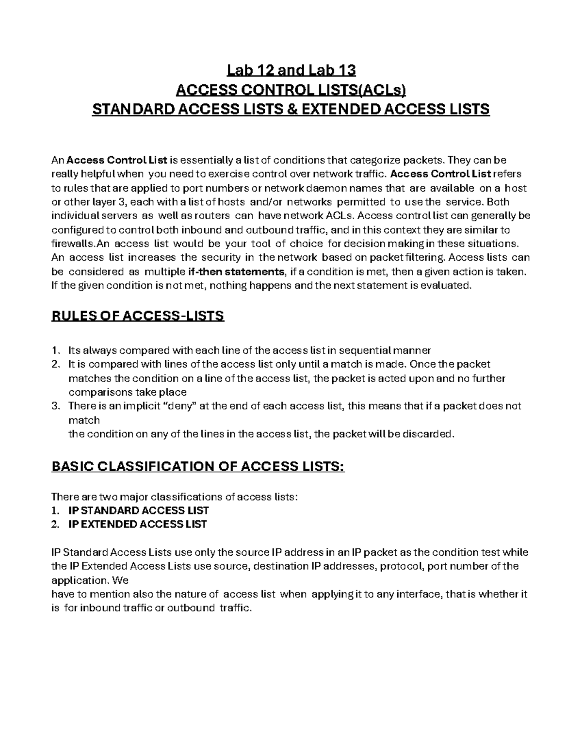 Lab 12 & 13: Access Control Lists (ACLs) Overview and Configurations ...