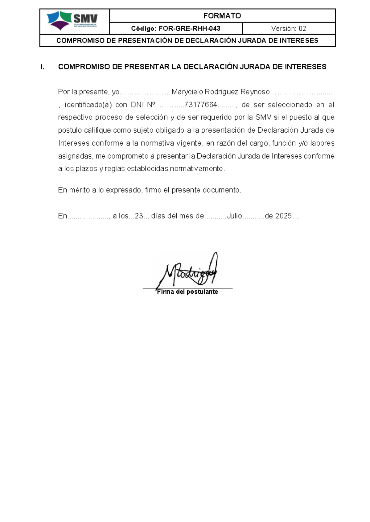 Compromiso de Presentación de Declaración Jurada - FOR GRE RHH 043 ...