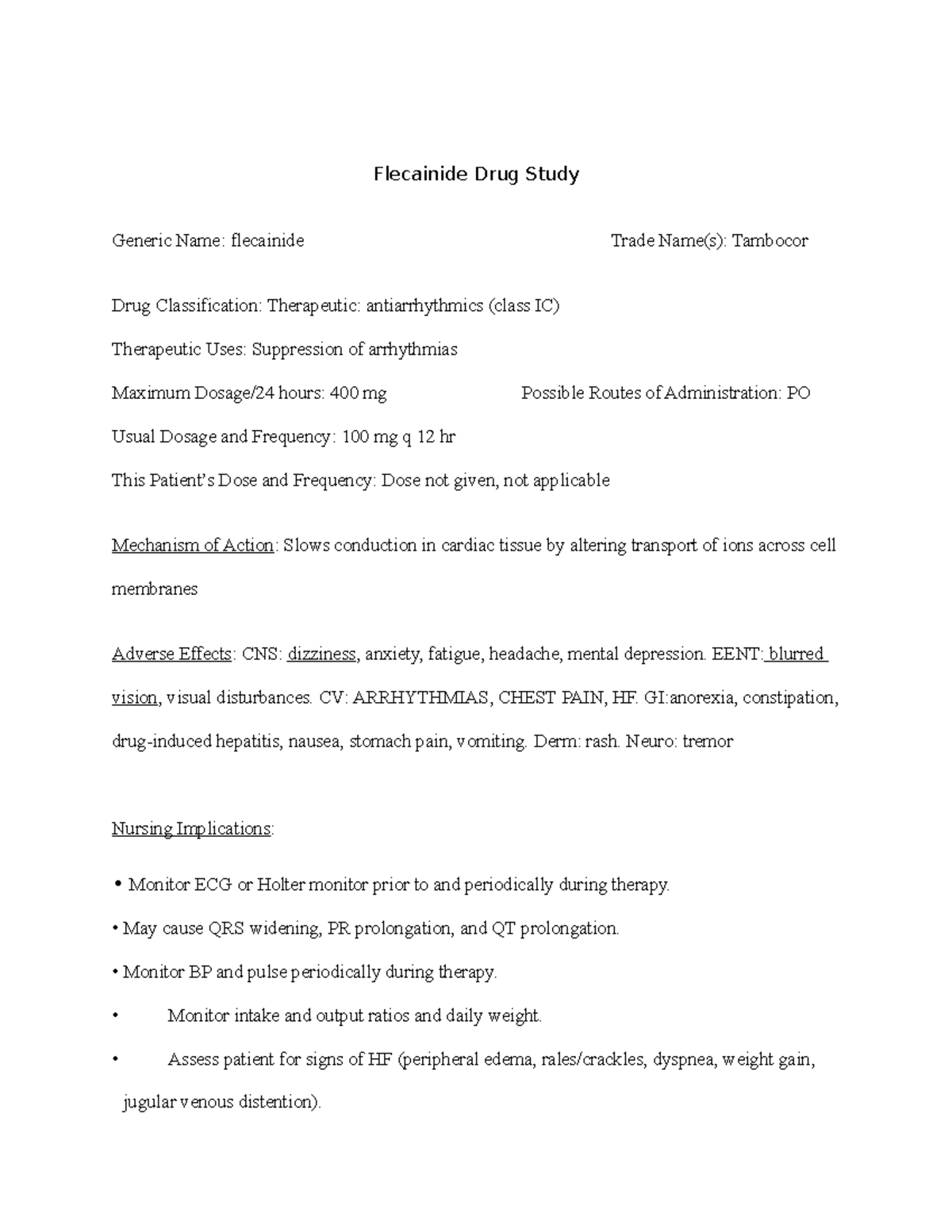 Flecainide Drug Study - Flecainide Drug Study Generic Name: flecainide ...