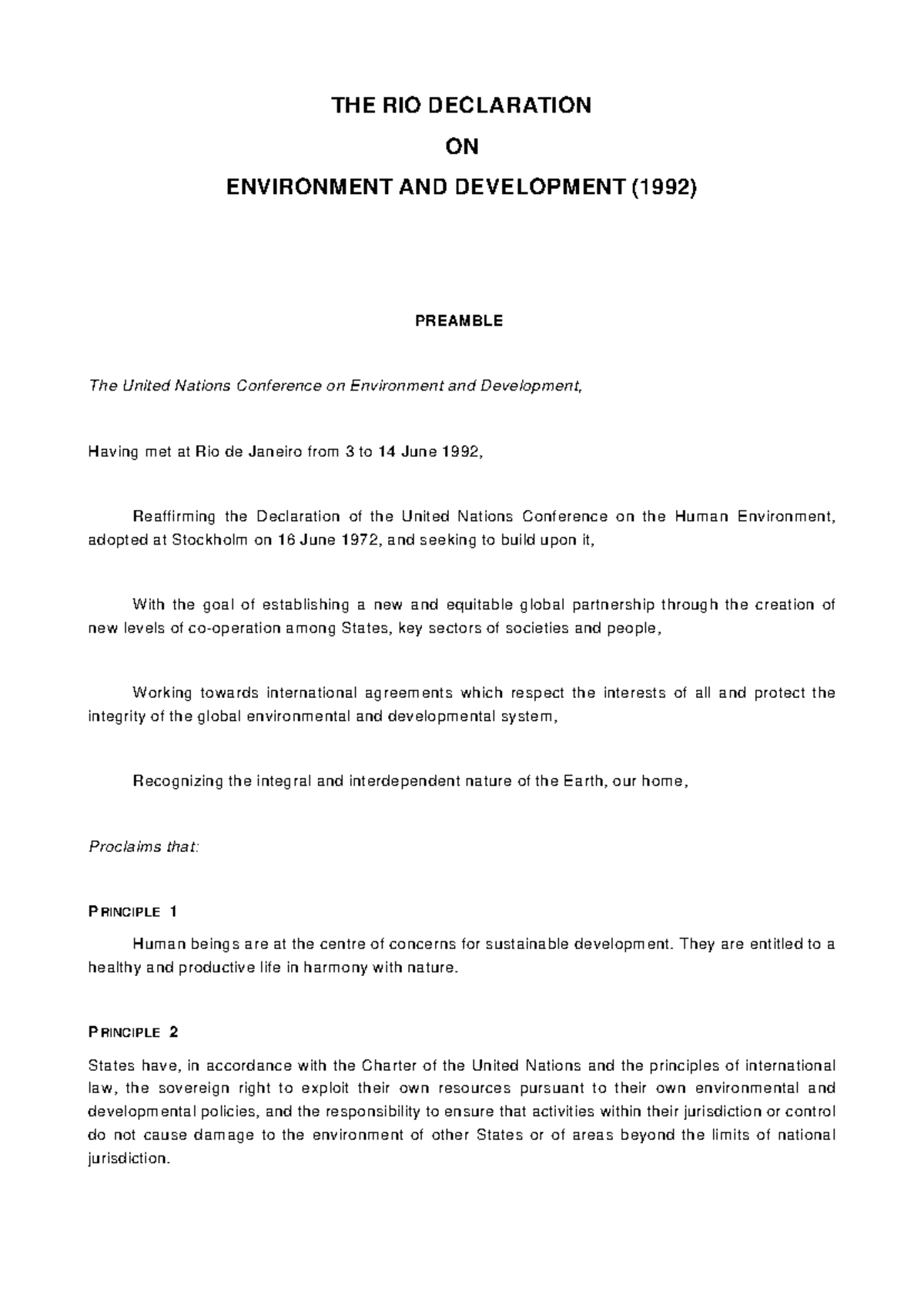 Rio e - Lecture notes - THE RIO DECLARATION ON ENVIRONMENT AND ...