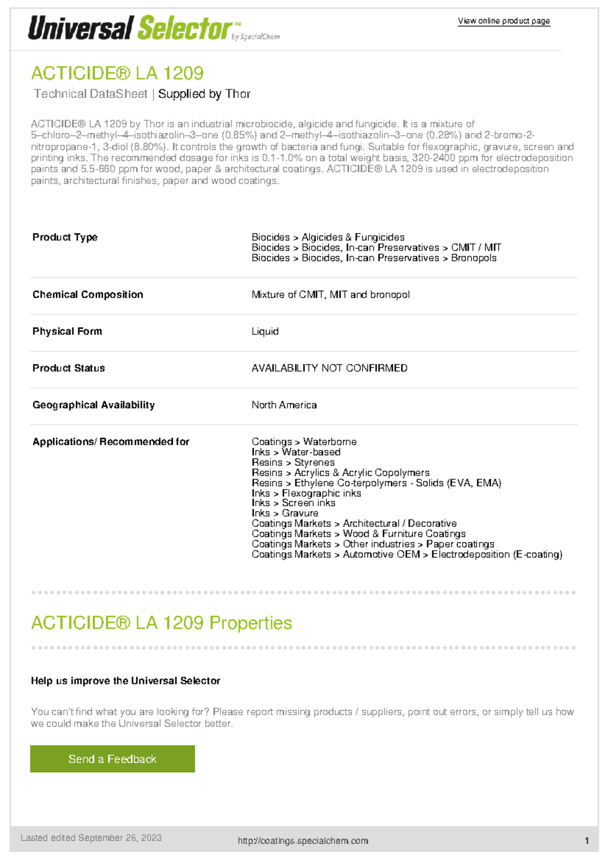 ACTICIDE® LA 1209 Technical DataSheet by Thor: Microbiocide & Fungicide ...