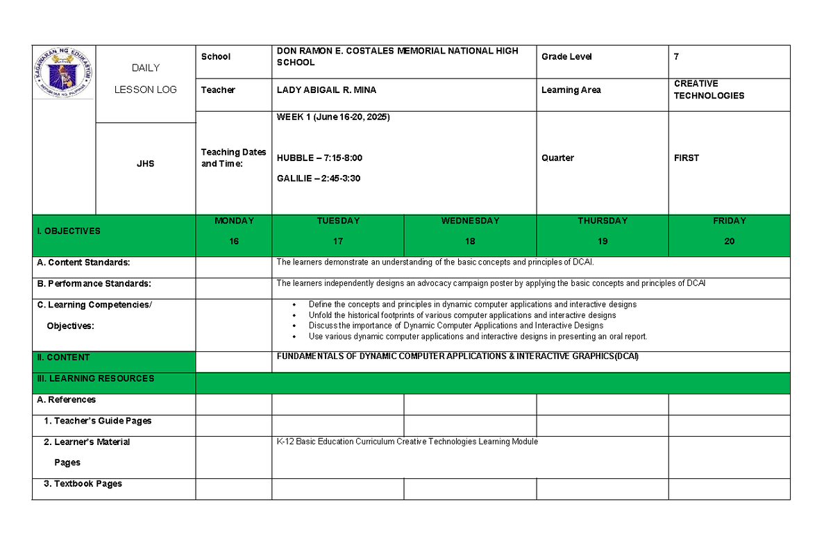 Lesson 1 - Sample Daily Lesson Log (DLL) in Creative Technologies 7 ...