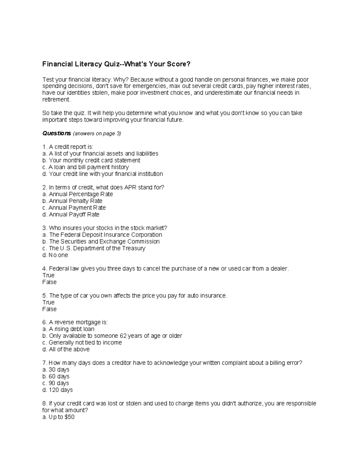 Quiz on Financial Literacy: Test Your Knowledge and Improve Skills ...