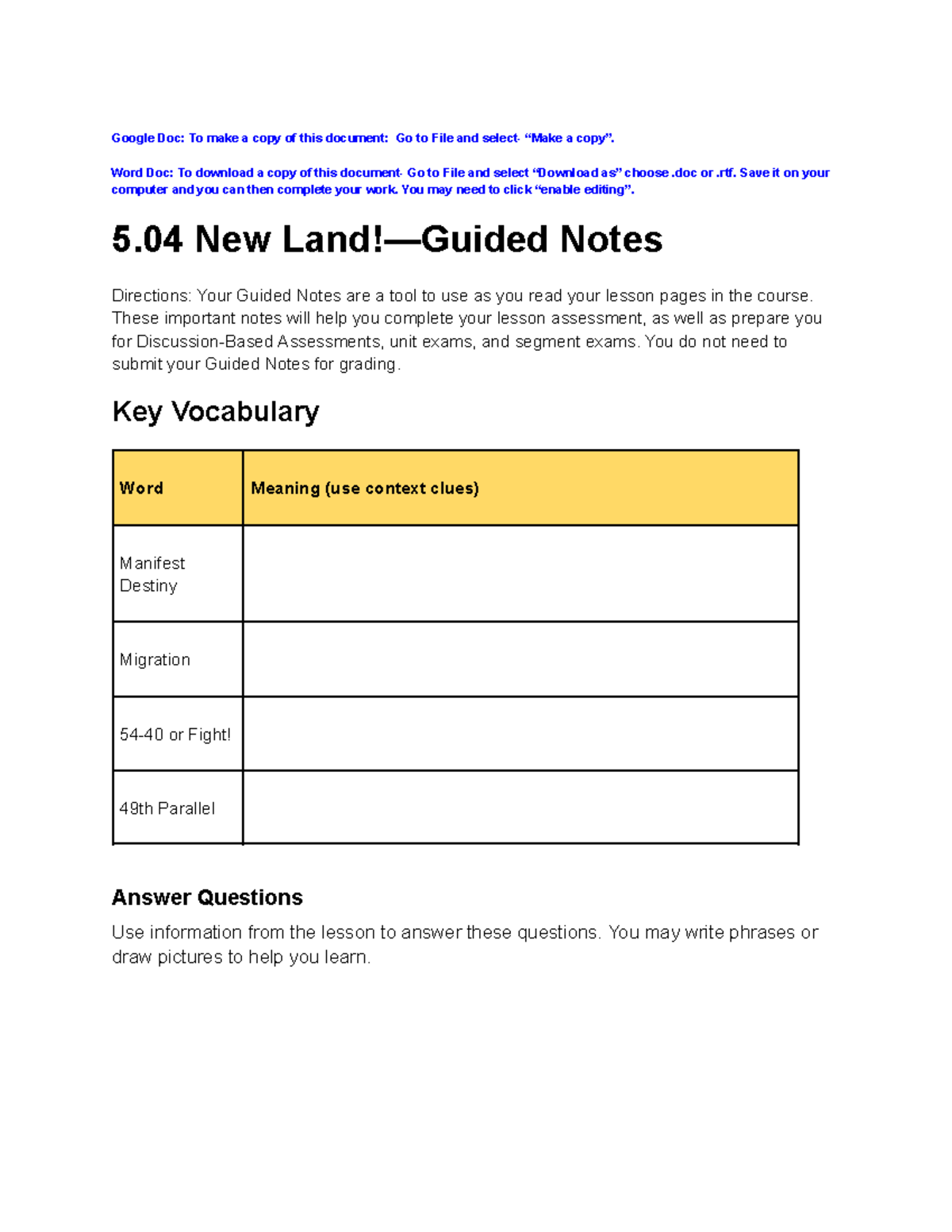 5.04 New Land - Guided Notes for Lesson Assessment - Studocu