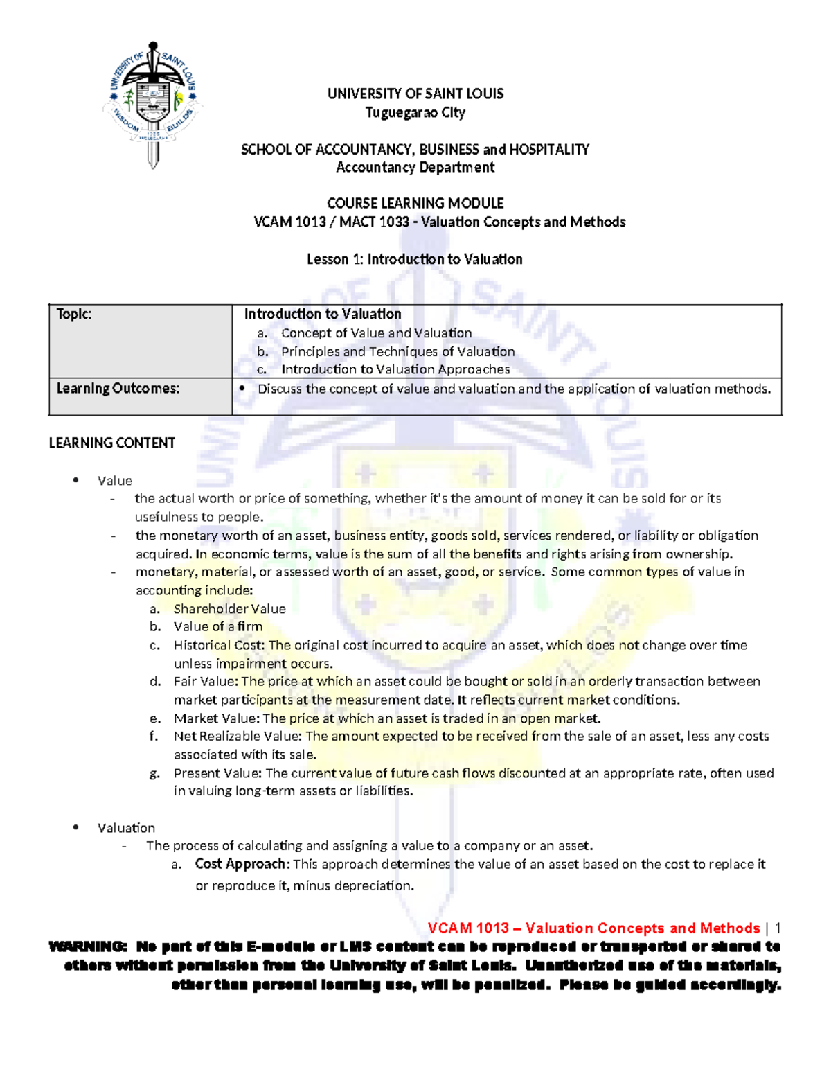 VCAM 1013 - Lesson 1: Introductory Concepts in Valuation Methods - Studocu