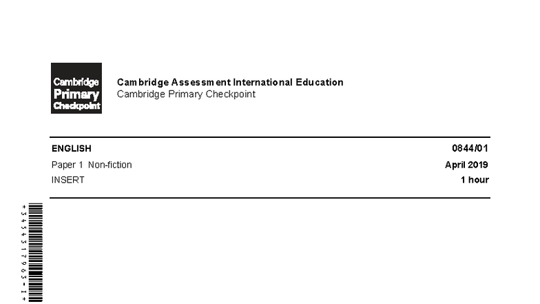 Cambridge Primary Checkpoint ENGLISH P1 April 2019 Exam Insert - Studocu