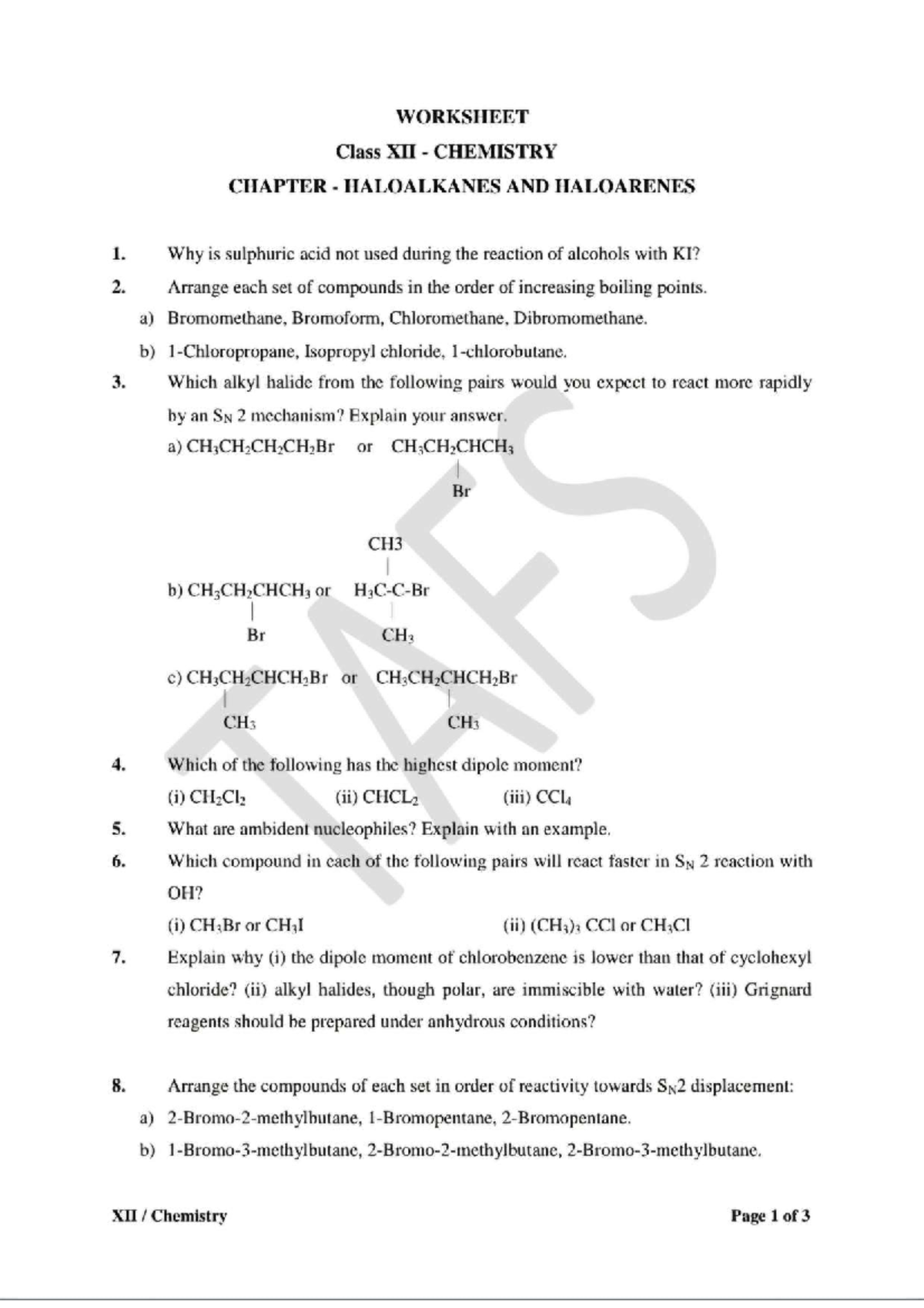 Class XII Chemistry: Worksheet on Haloalkanes and Haloarenes - Studocu