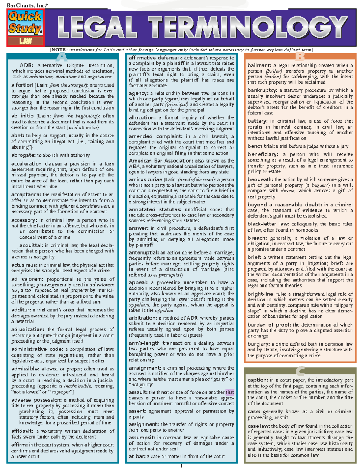 BarCharts, LEGAL REFERENCE CHART: Key Legal Terminology Translations ...