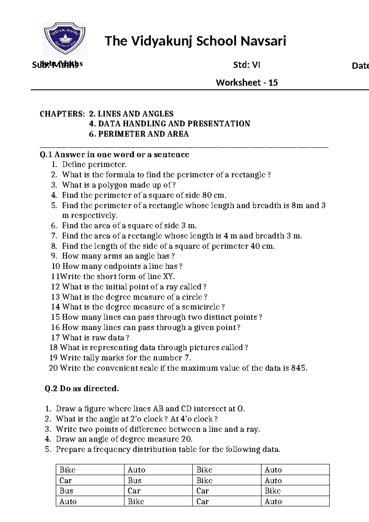 STD VI Maths Revision Worksheet: Lines, Angles, Area & Data Handling ...