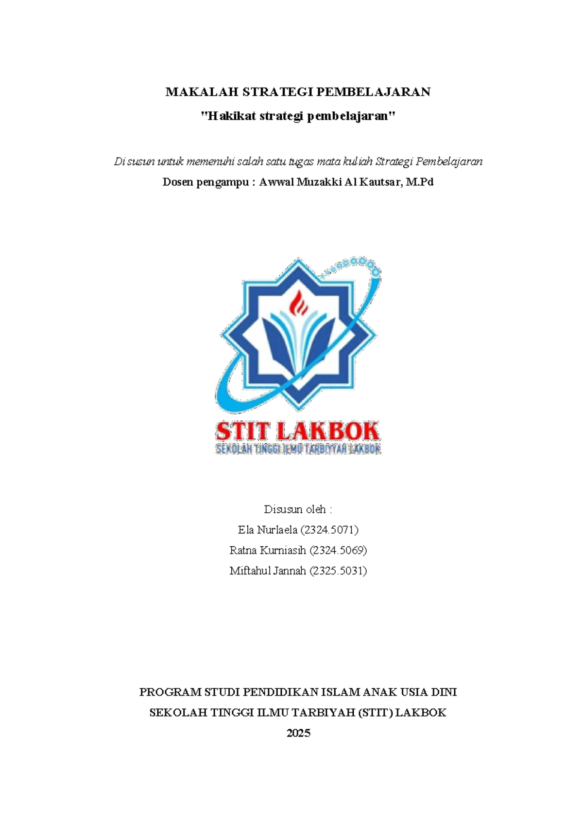 Cover makalah strategi pembelajaran - early childhood education ...