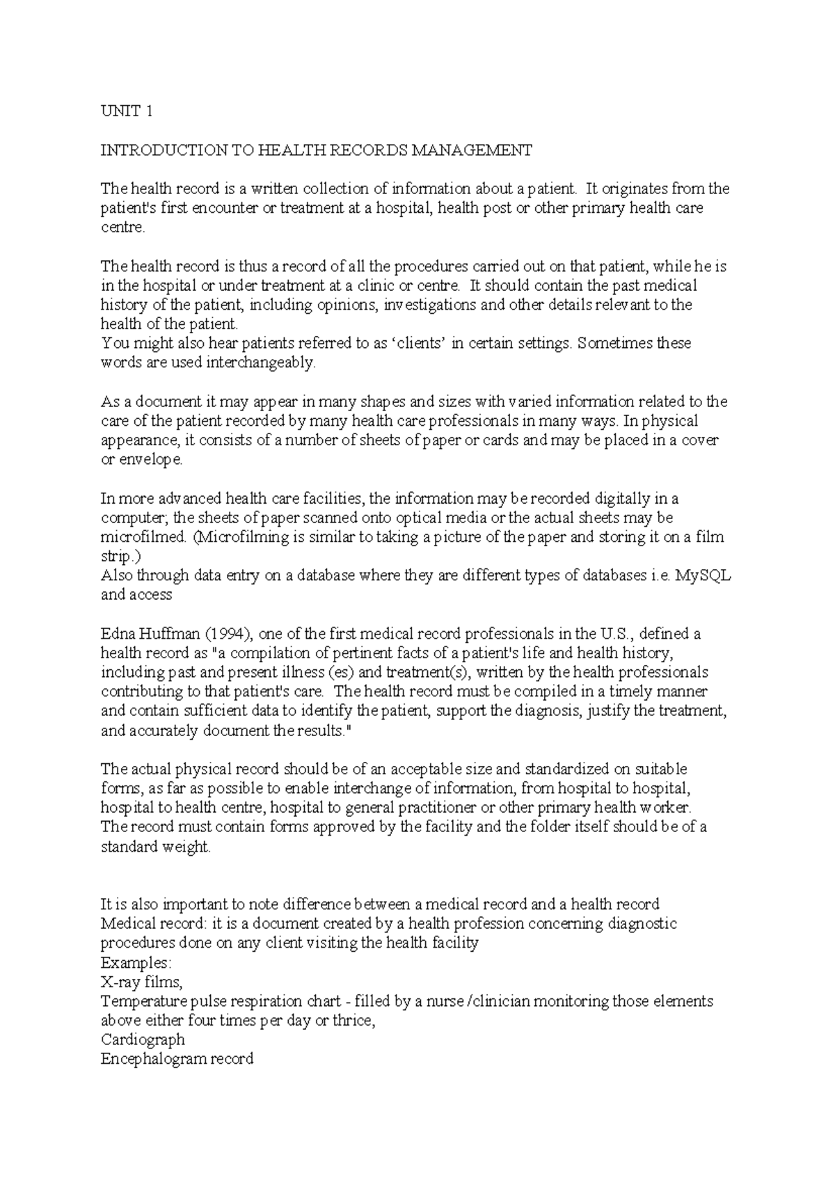 HRM 101: Intro to Health Records Management Notes - Studocu