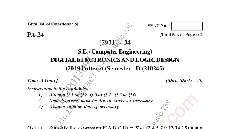 Digital Electronics and Logic Design (210245) - Semester I Exam Notes ...