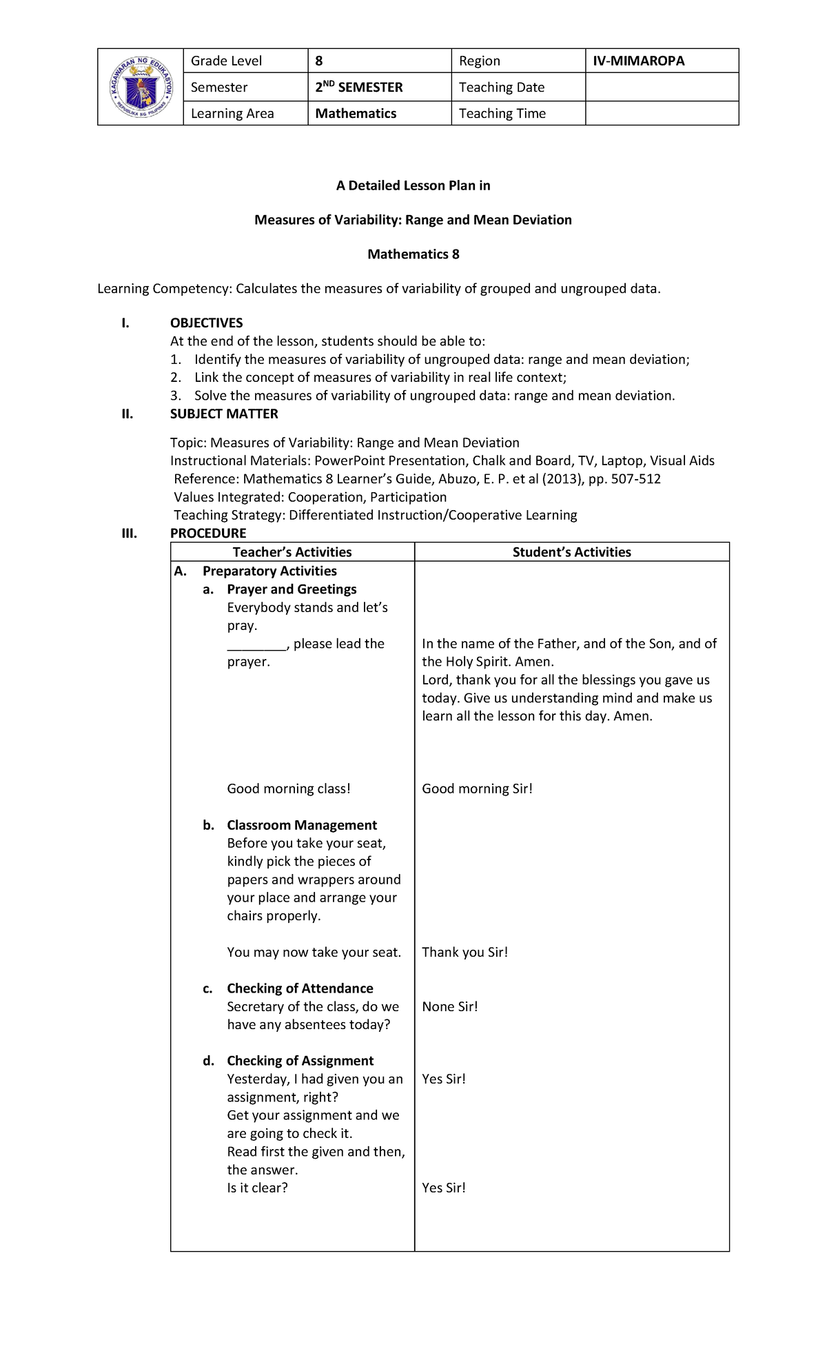 Detailed Lesson Plan on Measures of Variability (Math 8) - Studocu