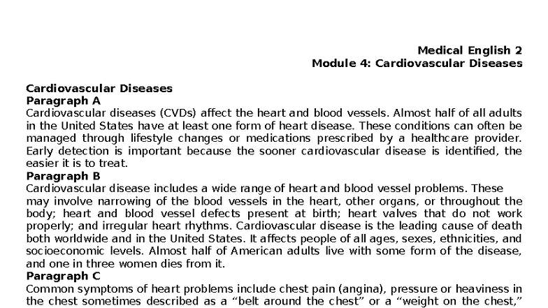 Medical English 2 Module 4: Cardiovascular Diseases Overview - Studocu