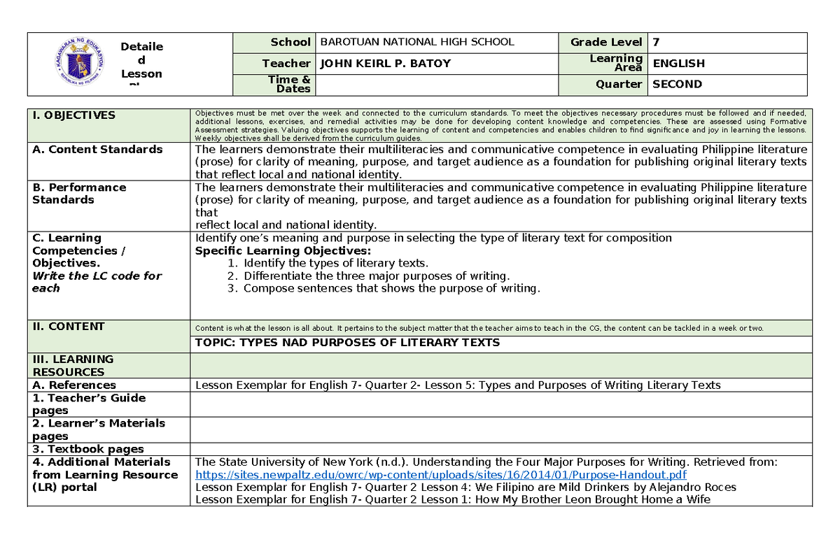 DLP ENGLISH 7: Types and Purposes of Literary Texts - Studocu