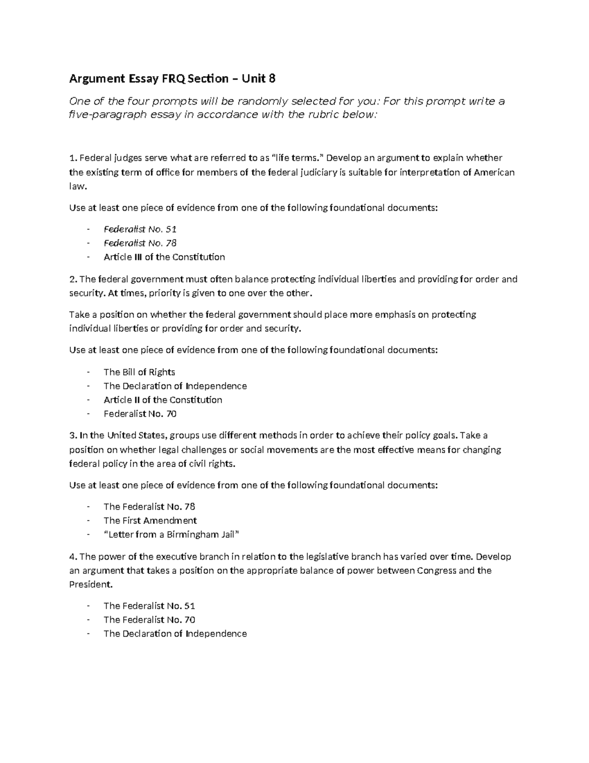 Argument Essay FRQ Unit 8: Federal Judiciary & Individual Liberties ...