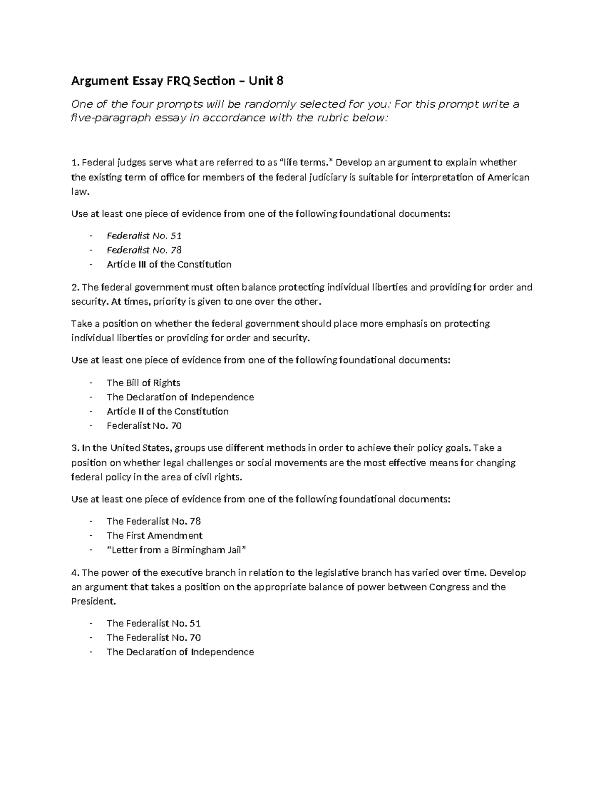 Argument Essay FRQ Unit 8: Federal Judiciary & Individual Liberties ...