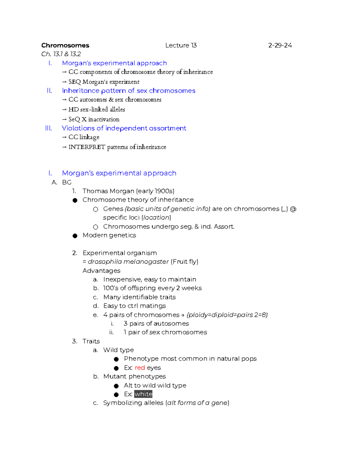 Chromosomes Lecture Notes: CC on Inheritance Patterns & Experiments ...