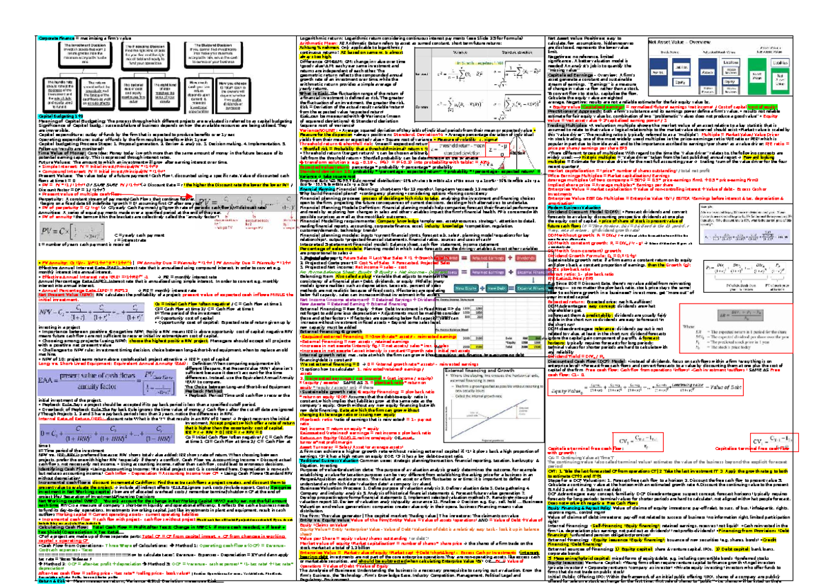 CF Cheat Sheet für Exam: Corporate Finance Essentials - Studocu