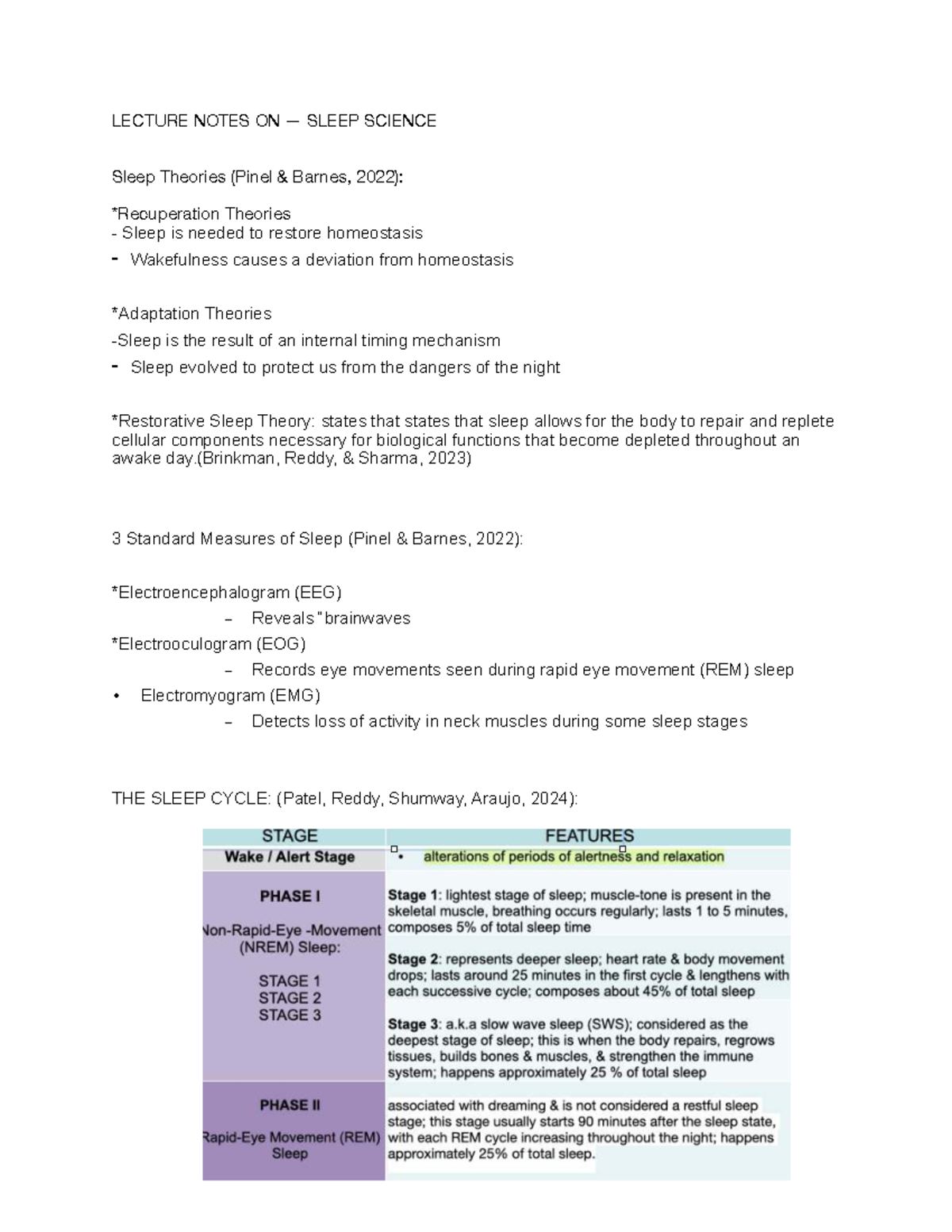 LECTURE NOTES ON SLEEP SCIENCE (PSY 101): Theories & Measures - Studocu