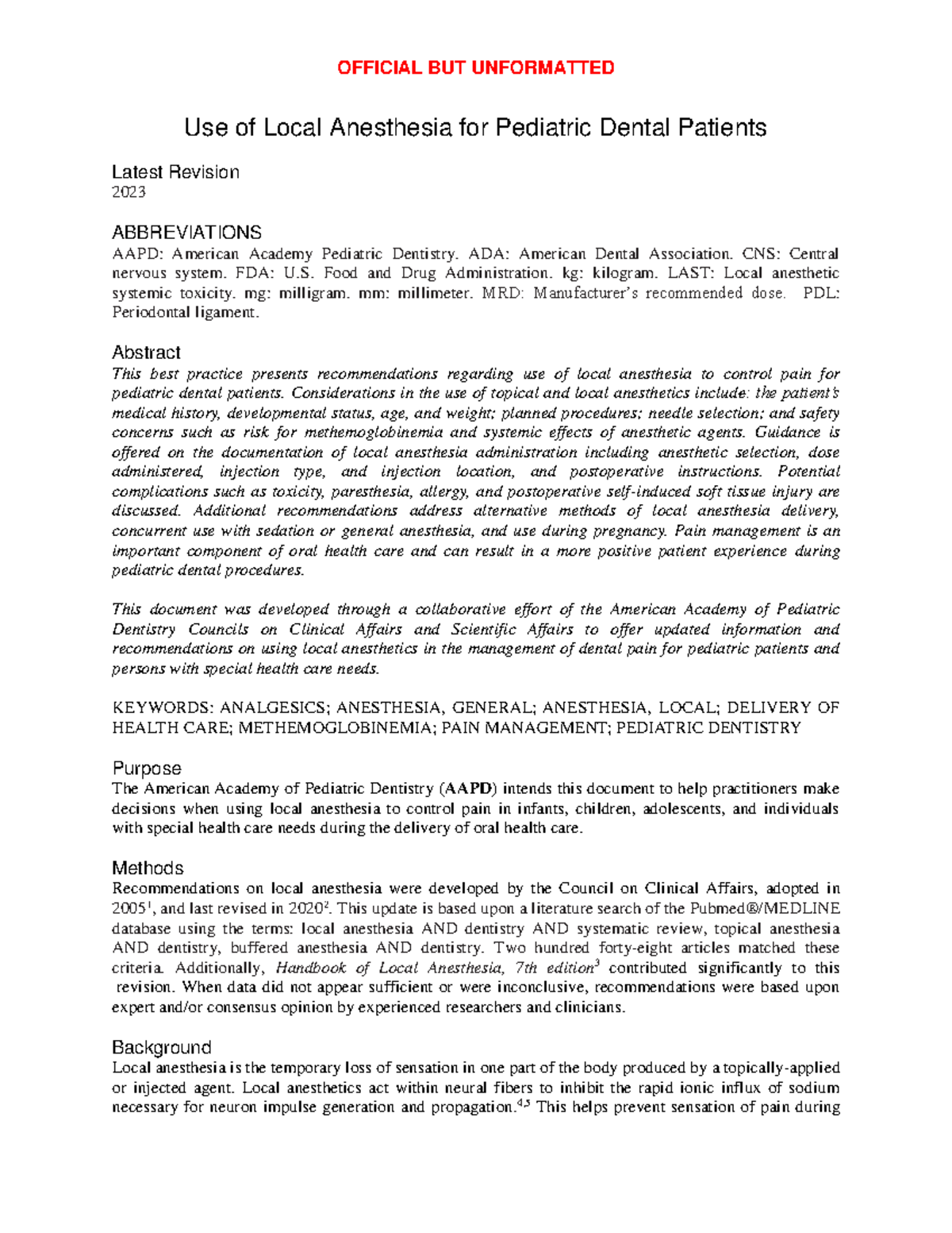 Pediatric Local Anesthesia Guidelines for Dental Procedures (BP) - Studocu