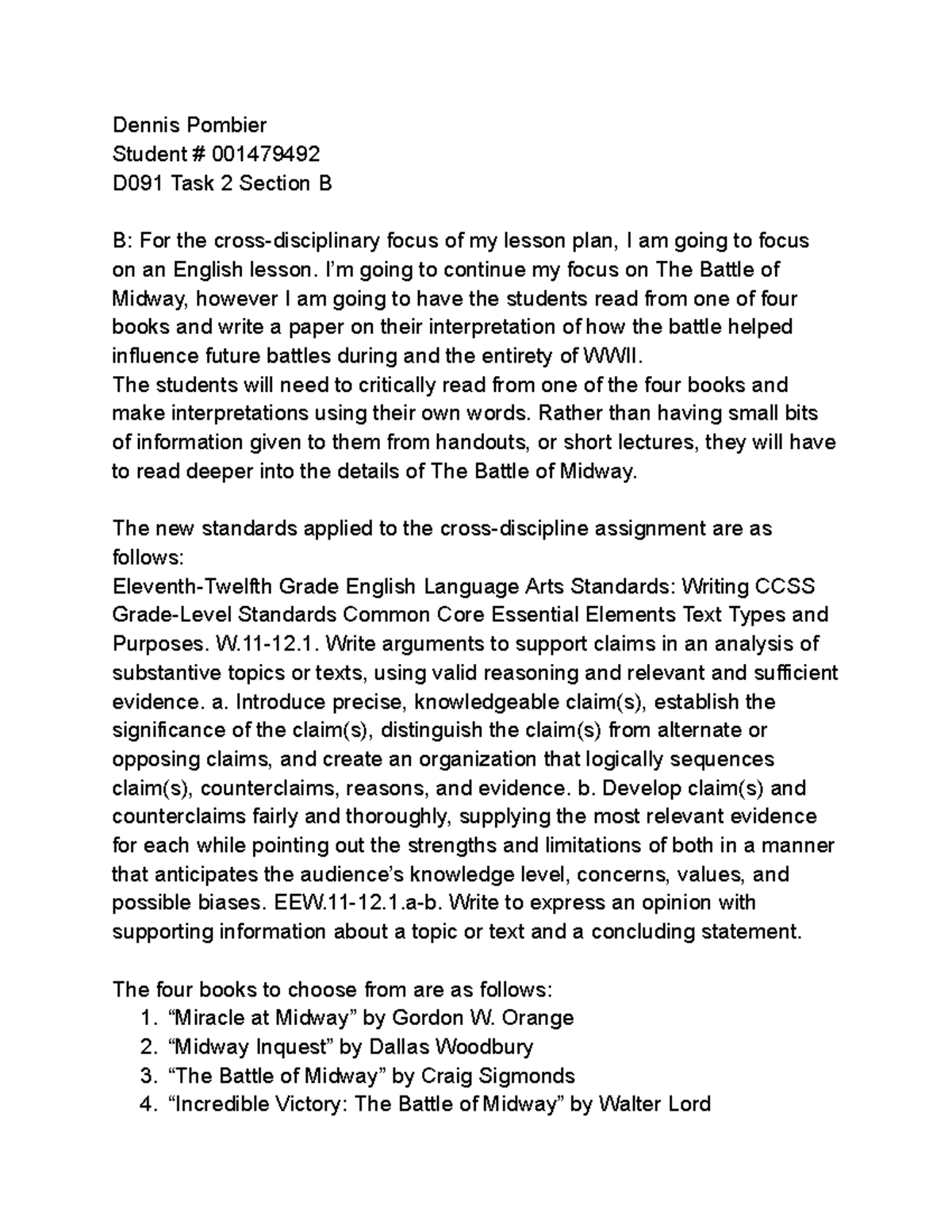 D091 Task 2 B - English Lesson Plan on The Battle of Midway - Studocu