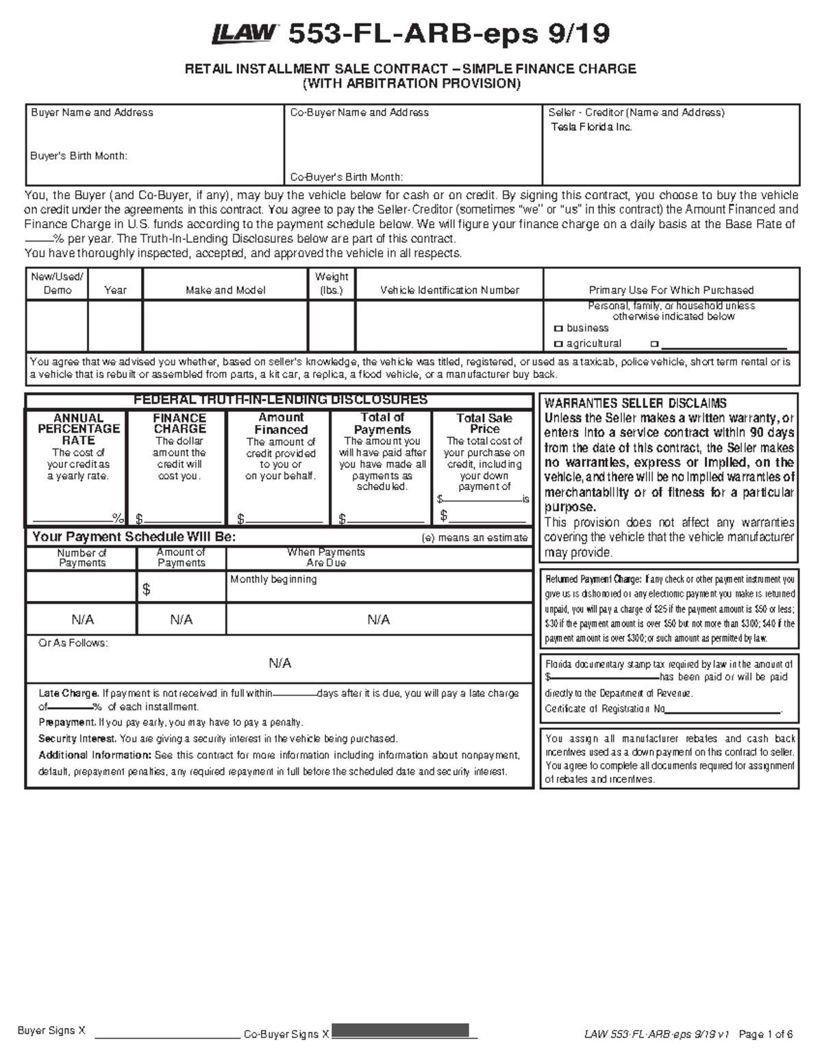 Retail Installment Sale Contract with Arbitration Provision - 553-FL ...