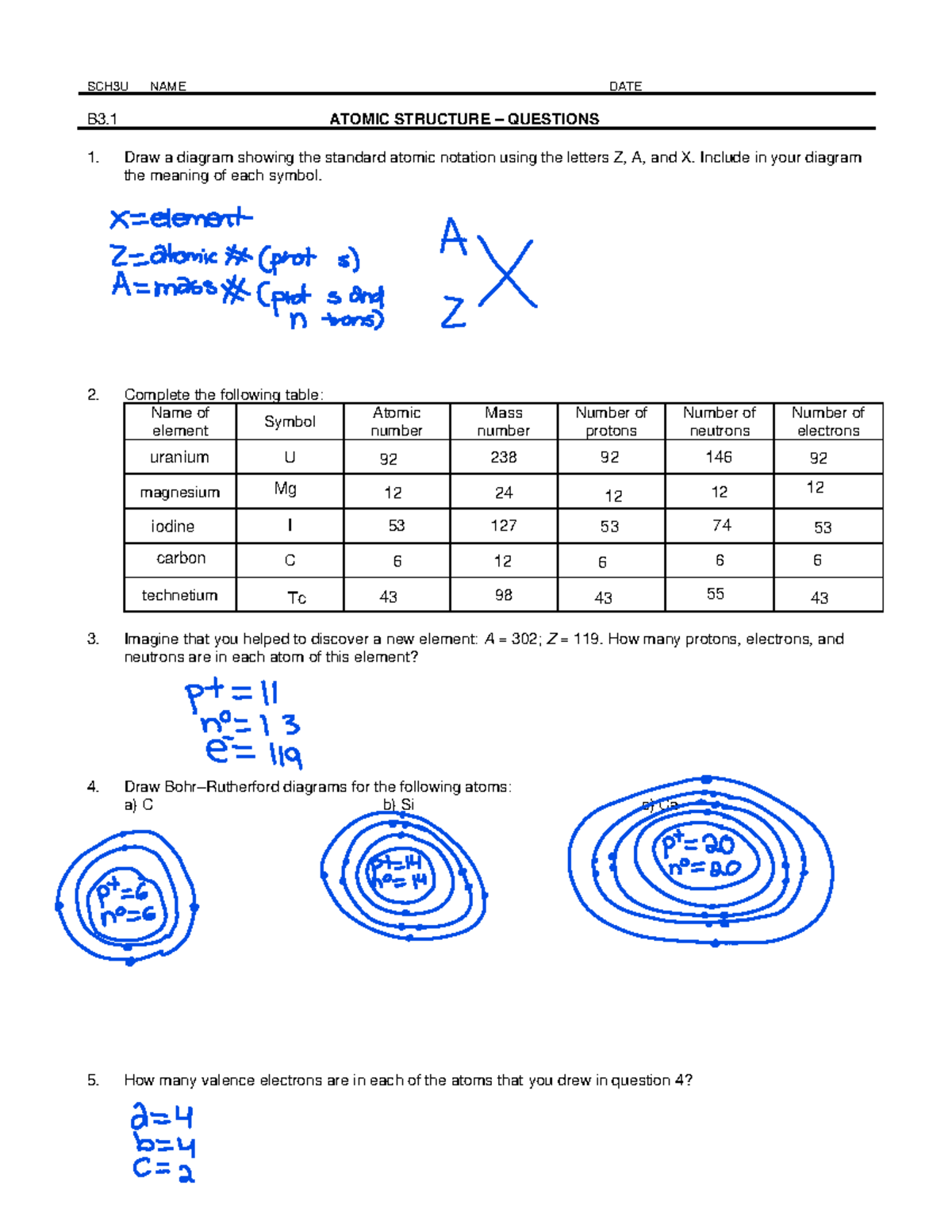 Atomic Structure Questions - SCH3U Course Activity Guide - Studocu